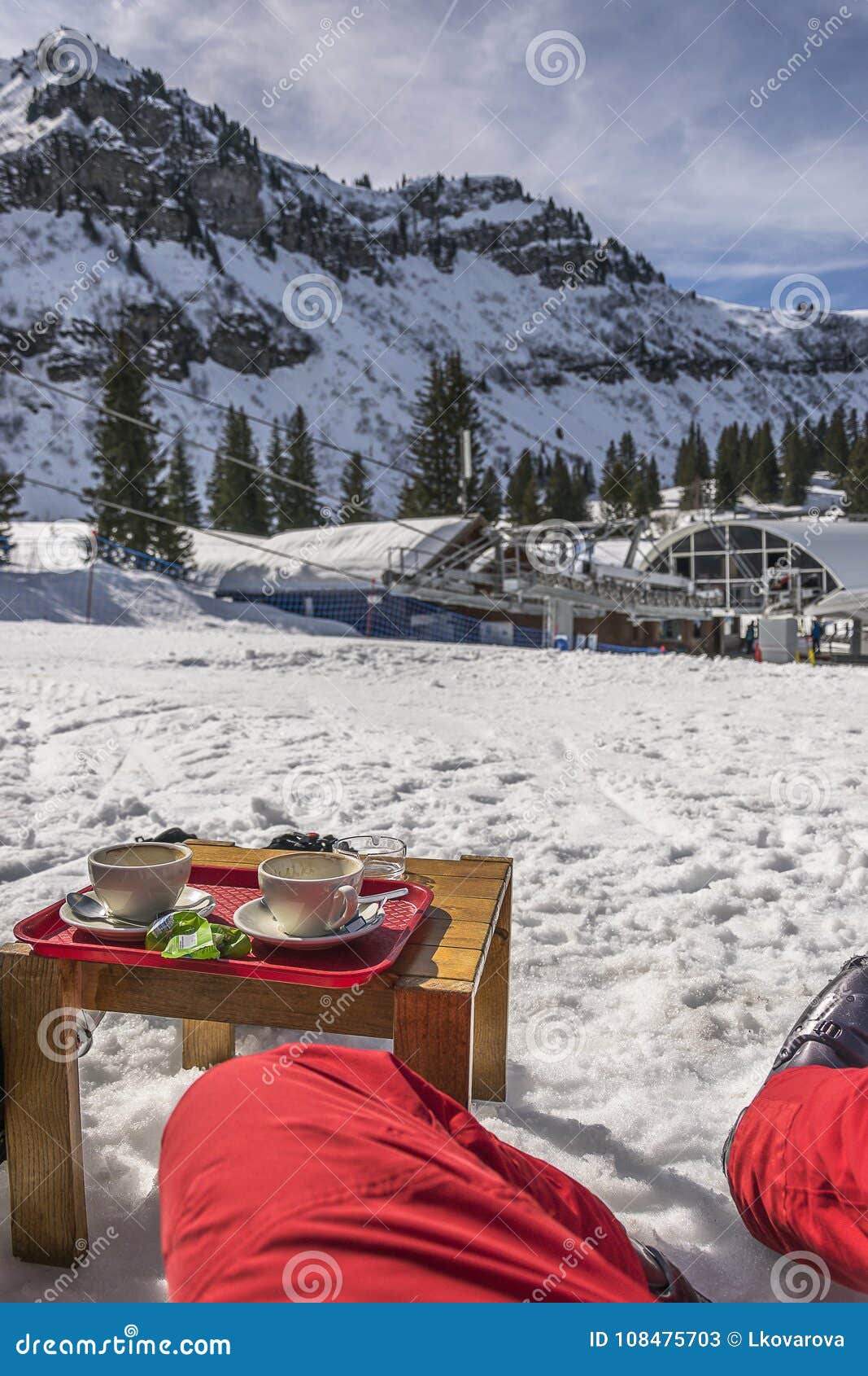 Coffee break at ski slope stock image. Image of coffee - 108475703