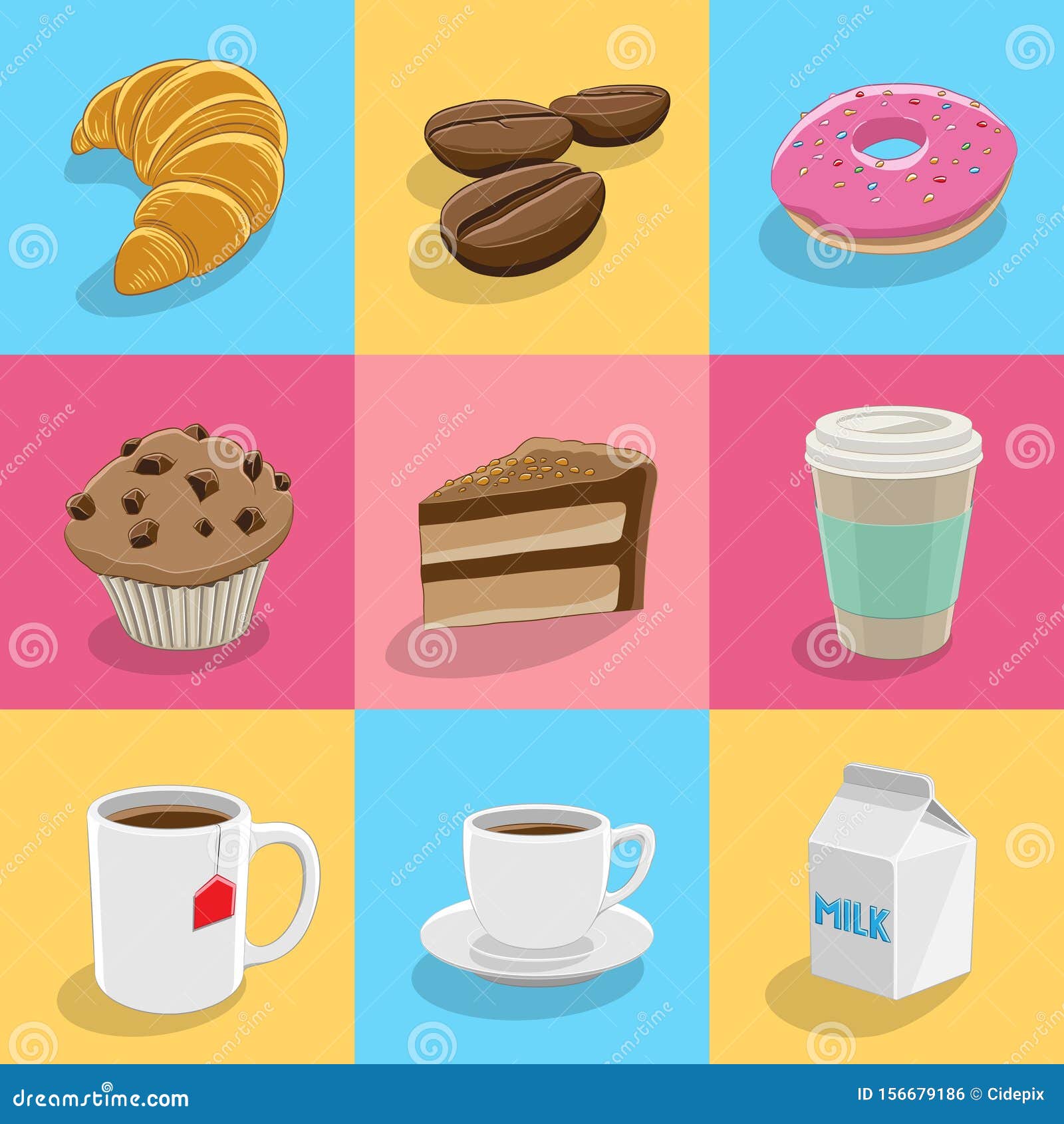 Coffee and Breakfast Icons on Colorful Backgrounds Vector Illustration ...