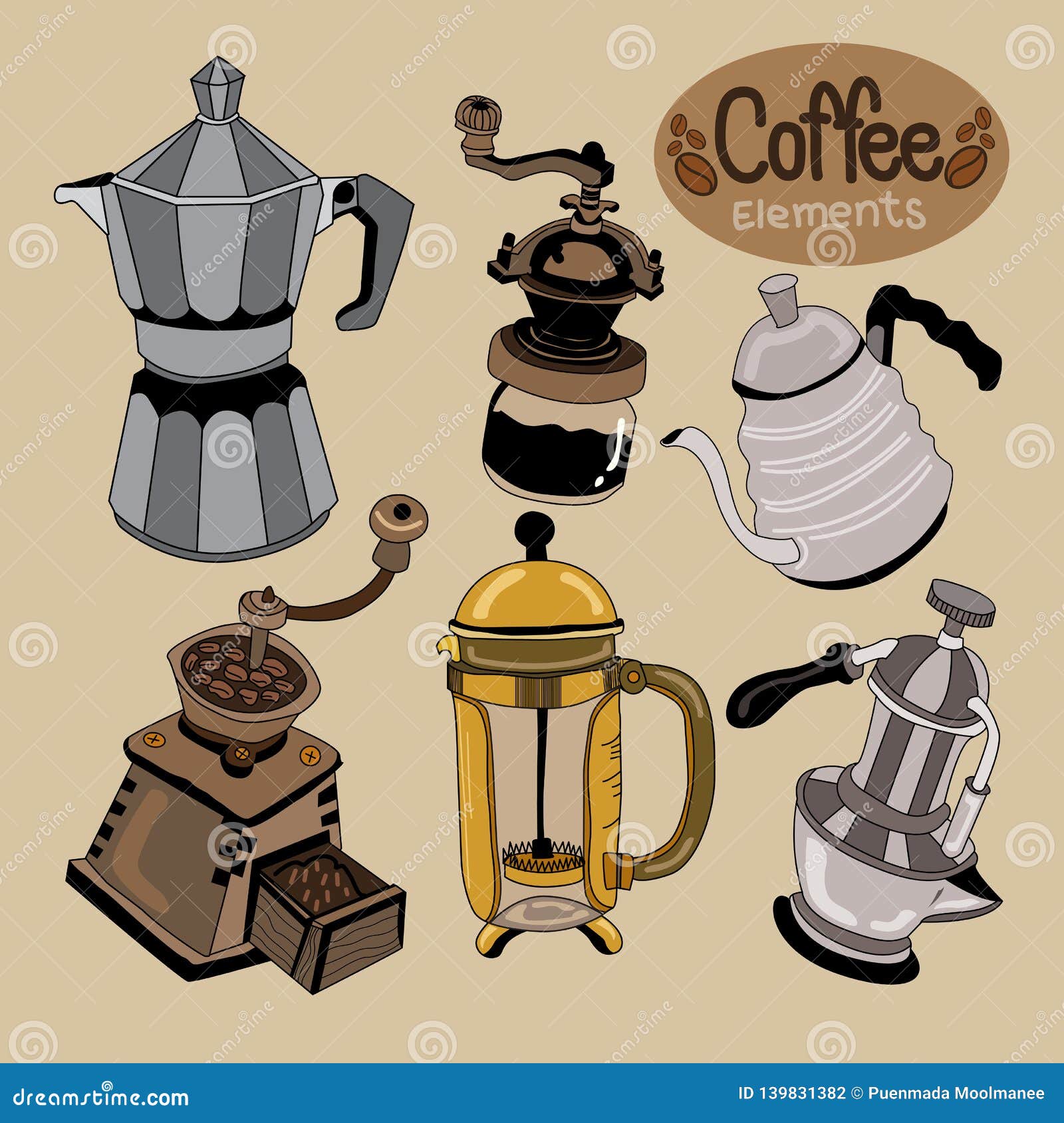 Coffee Brewing Elements in Vintage Set Stock Illustration ...