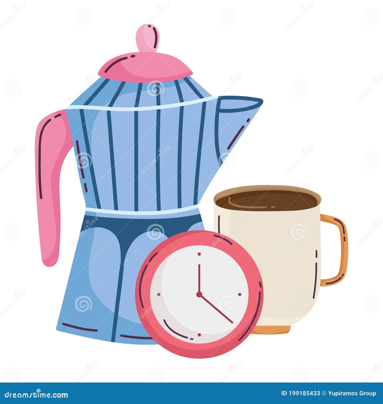Coffee Brewing Methods, Moka Pot Cup and Clock Time Stock Vector ...