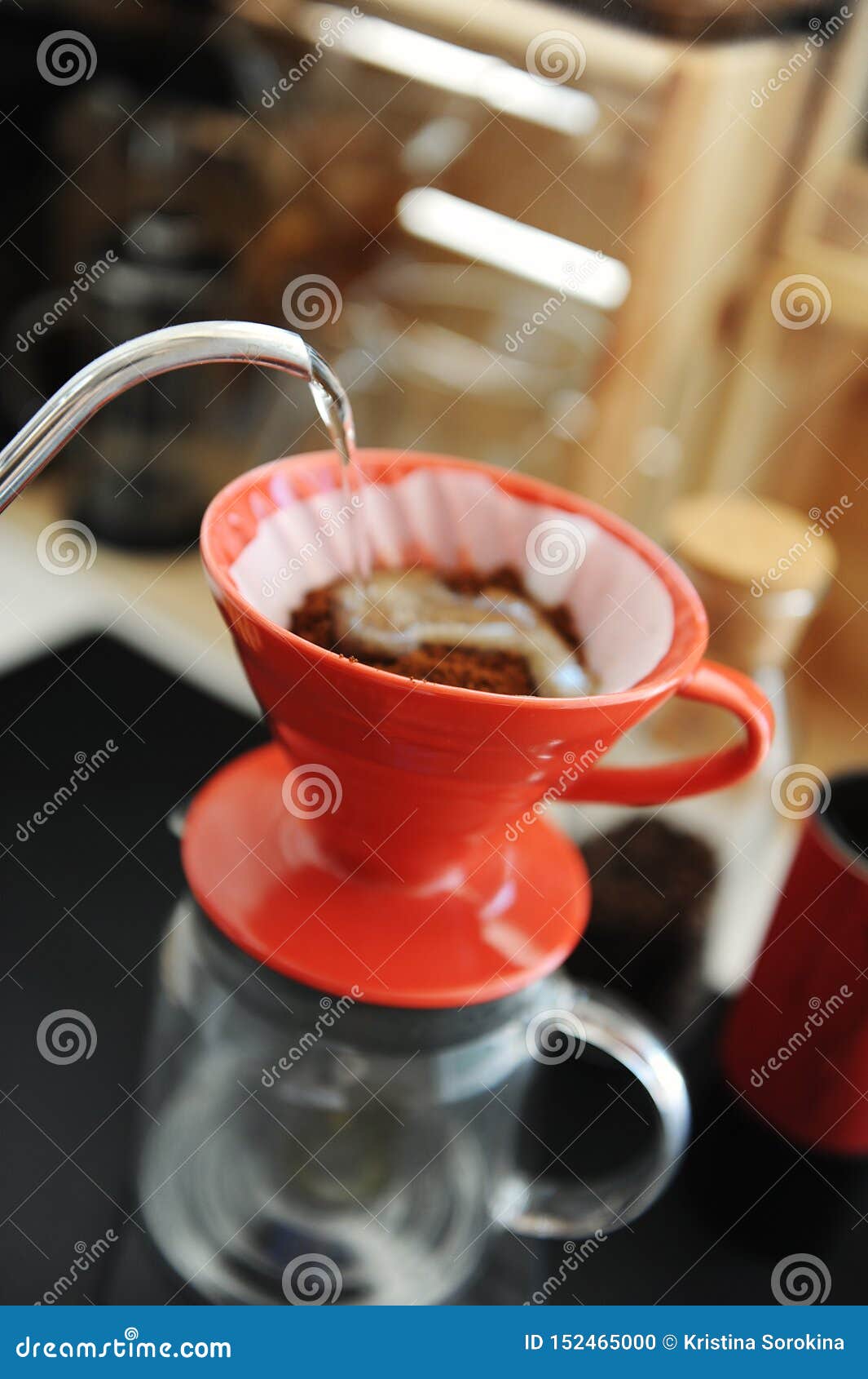 Coffee Brewing Process. Red Ceramic Dripper. Gooseneck Kettle Stock ...