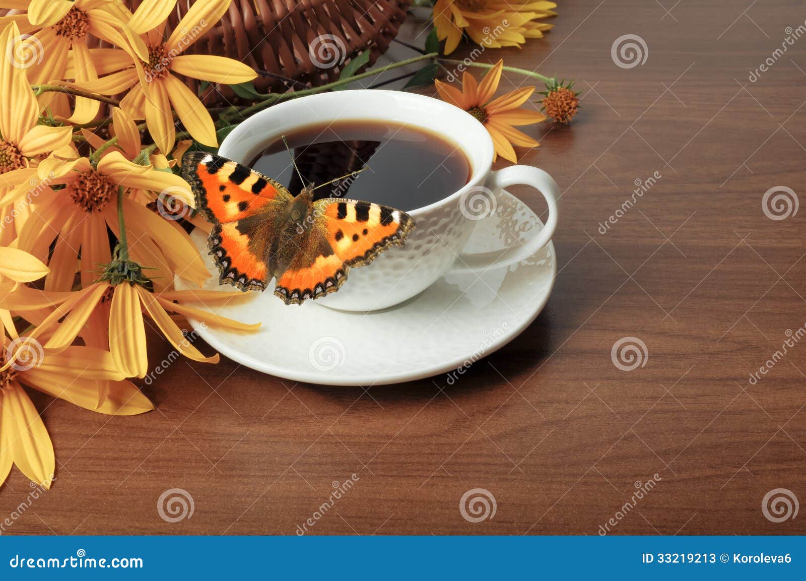 Coffee, Butterfly and Flowers Stock Image - Image of cart, table: 33219213