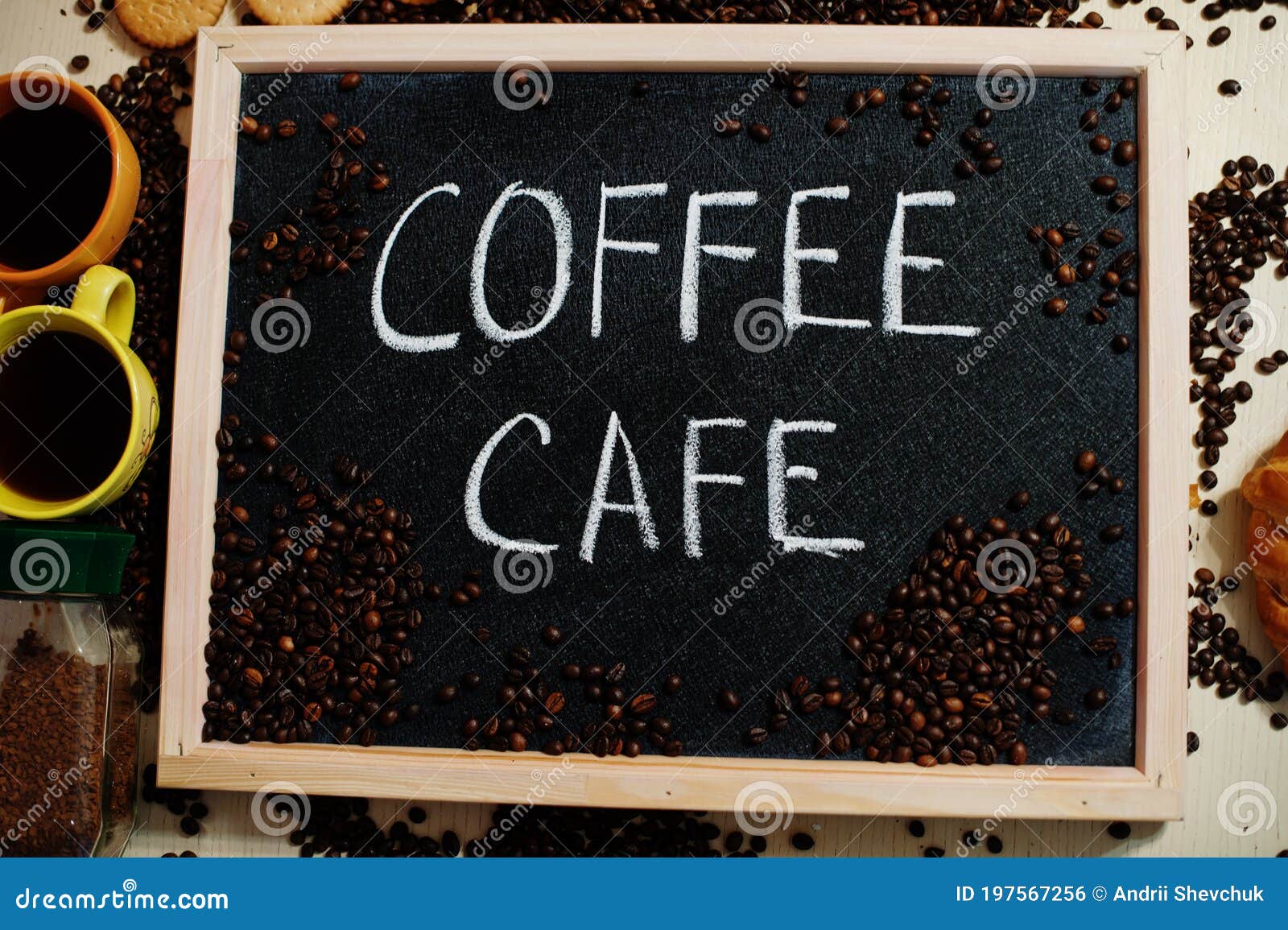 Coffee Cafe. Words on Blackboard Flat Lay Stock Photo - Image of word ...