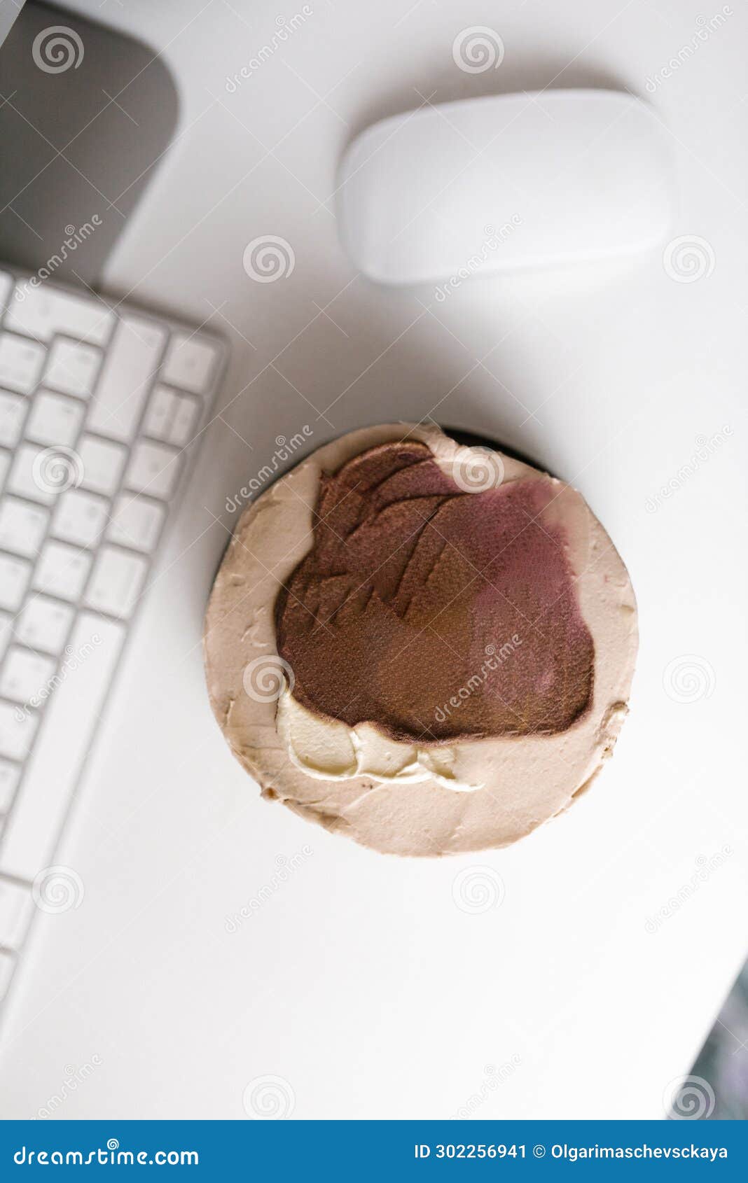 Coffee Chocolate Bento Cake on Desktop with Keyboard and Mouse Stock ...