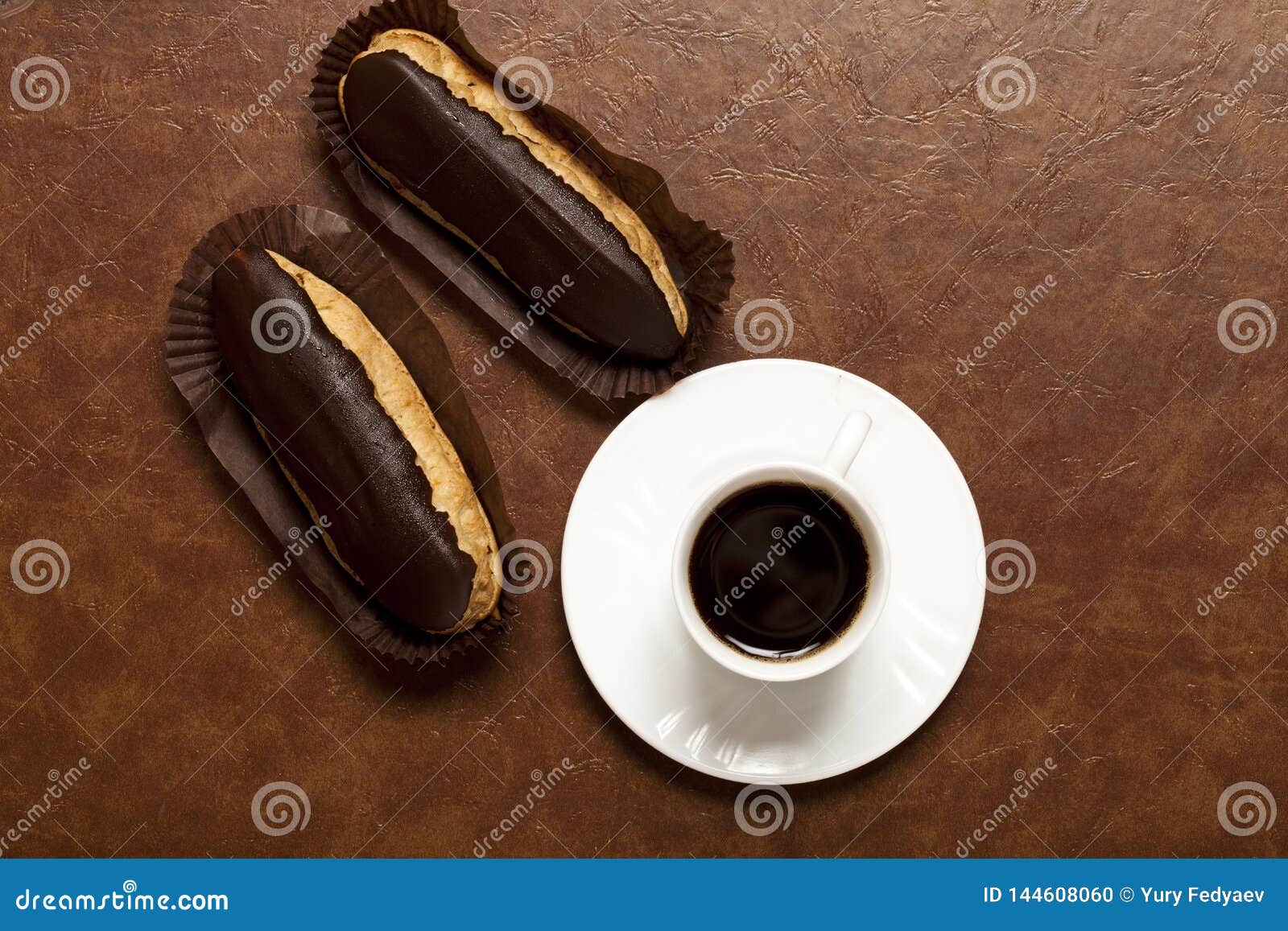 Coffee, Chocolate Eclair, Coffee in a White Cup, White Saucer, on a ...