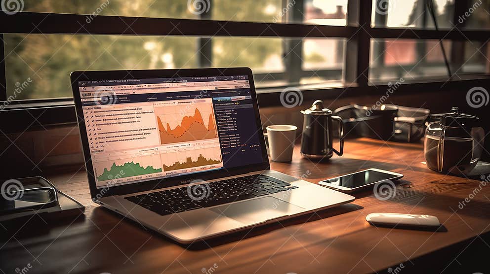 Coffee computer on desk stock illustration. Illustration of screen ...