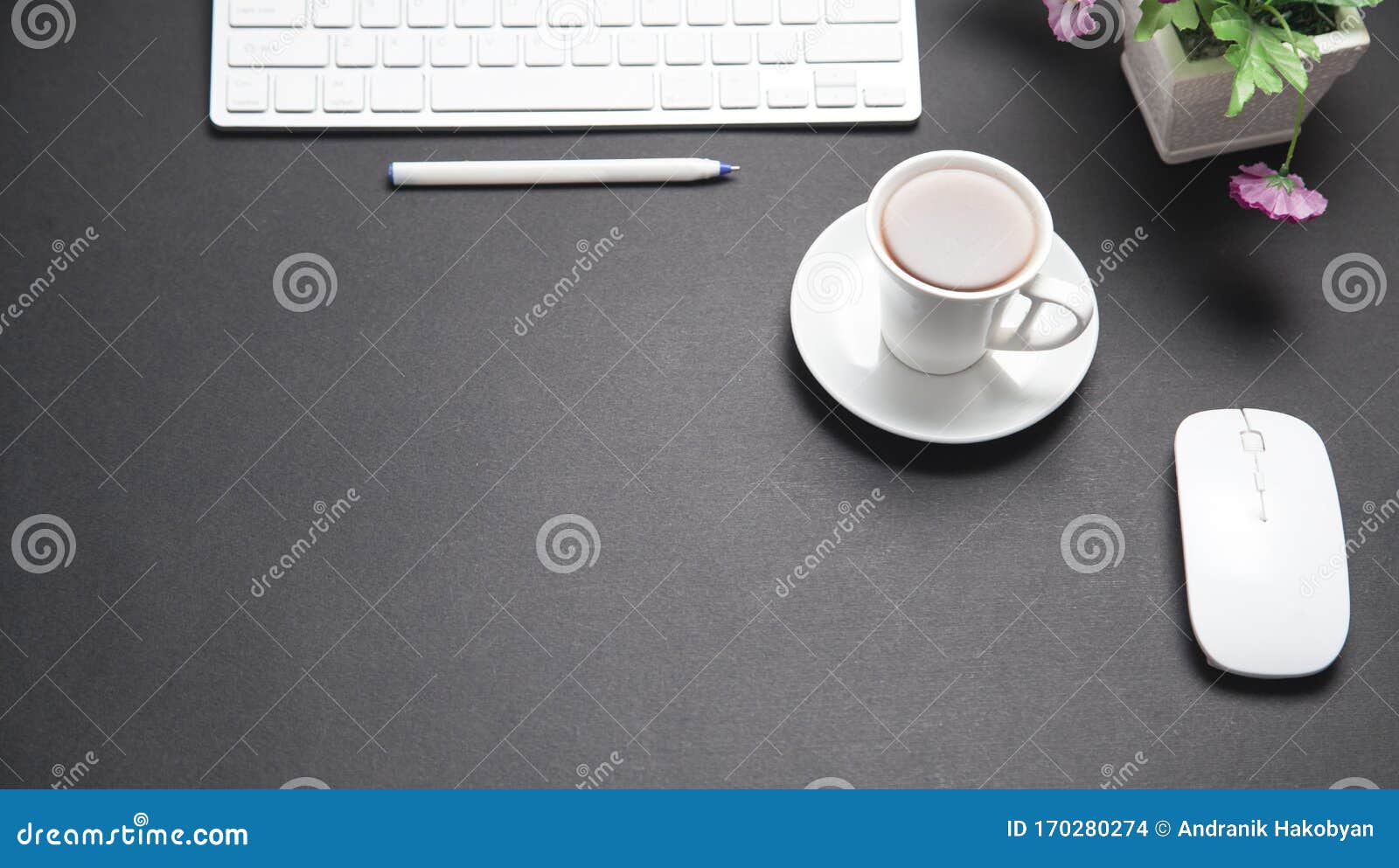 Coffee with Computer Keyboard and Mouse. Modern Black Business Desk ...
