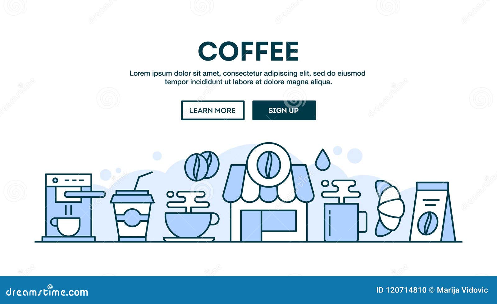 Coffee, Concept Header, Flat Design Thin Line Style Stock Illustration ...