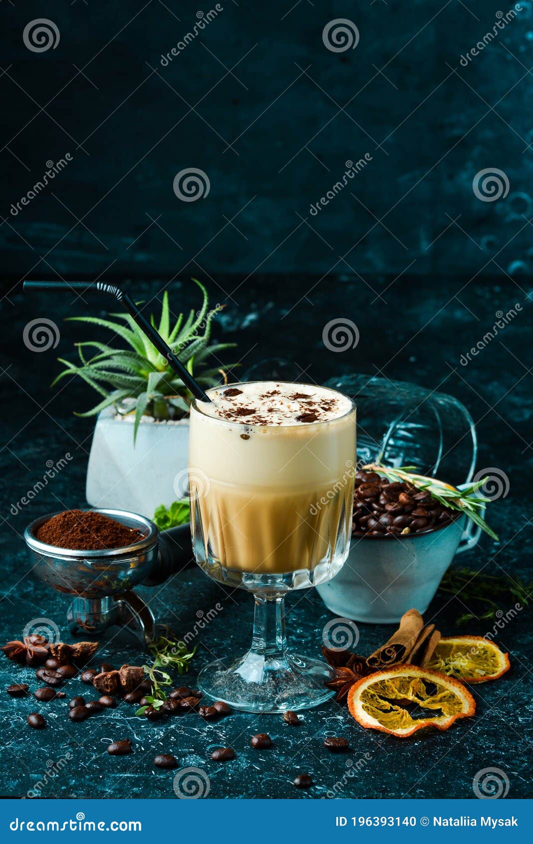 Coffee with Cream and Rum with Coffee Beans. on a Black Background. Top ...