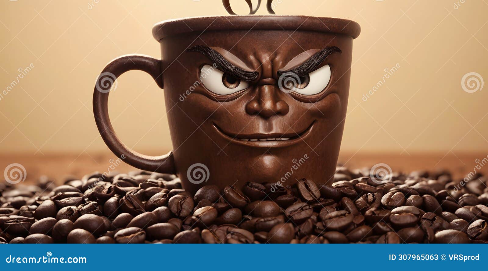 A Coffee Cup with an Angry Face is Perched Atop a Stack of Coffee Beans ...
