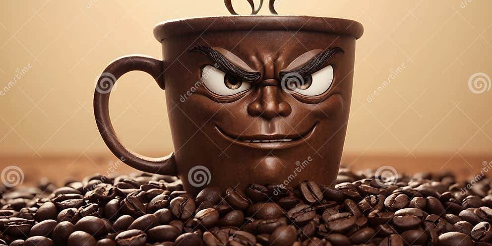 A Coffee Cup with an Angry Face is Perched Atop a Stack of Coffee Beans ...
