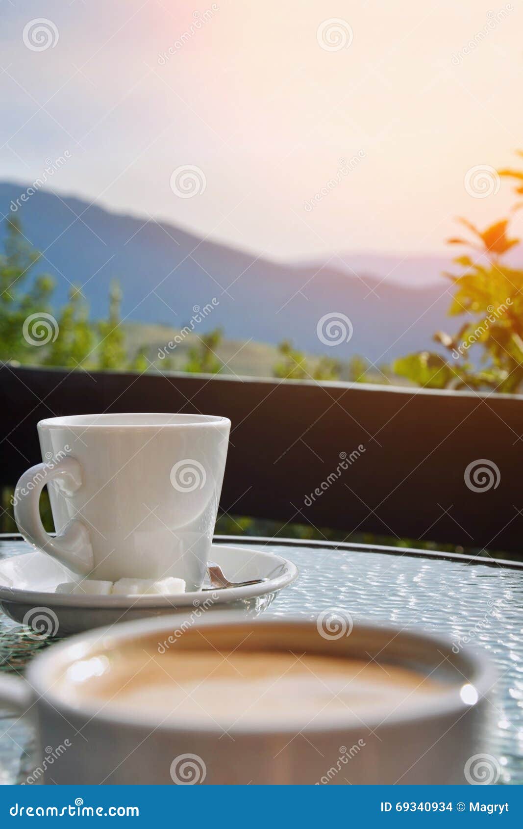 Coffee Cup on a Background of Mountains. Breakfast in Nature. Stock ...