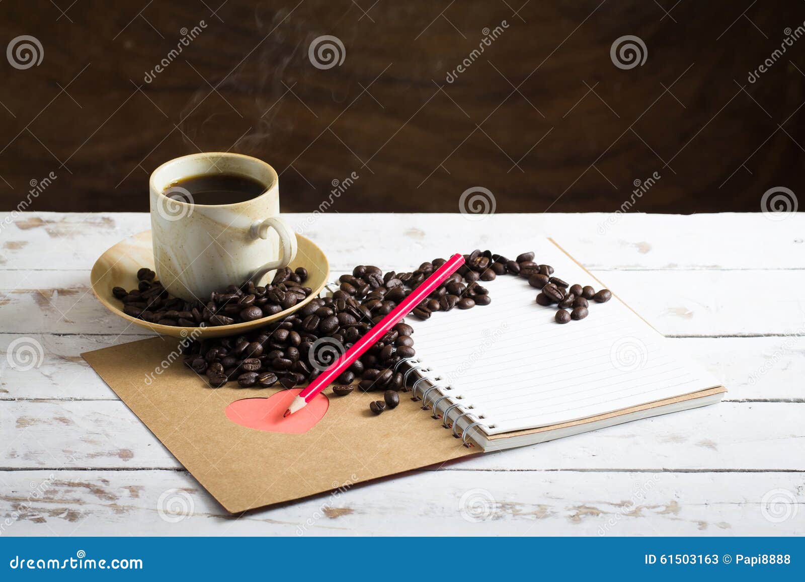 Coffee Cup Beans and Hart in Book on White Wooden Stock Image - Image ...