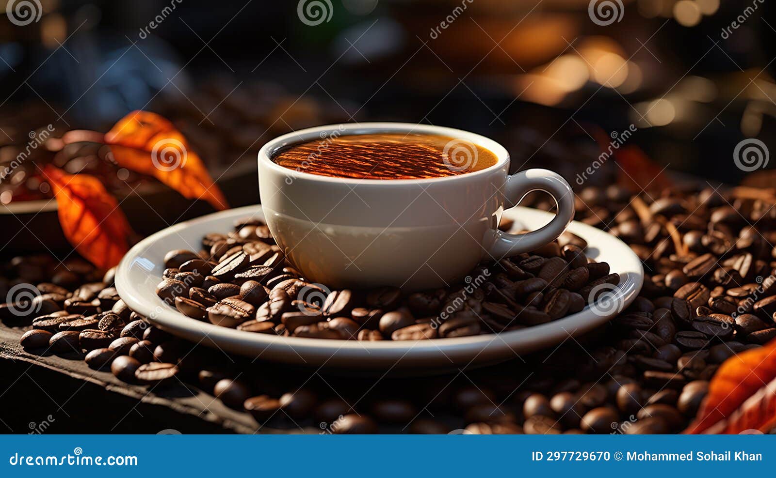 Coffee Cup and Coffee Beans on Wooden Table Blurry Background Stock ...