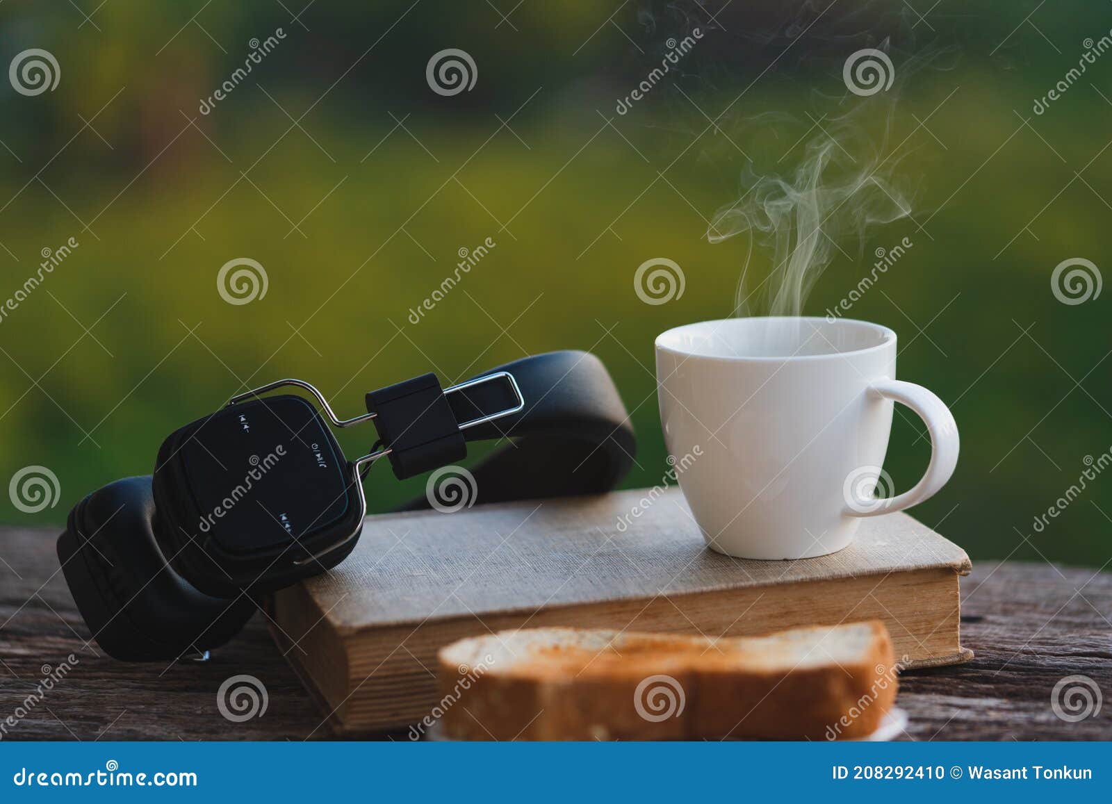 Coffee cup with bread stock photo. Image of chequered - 208292410