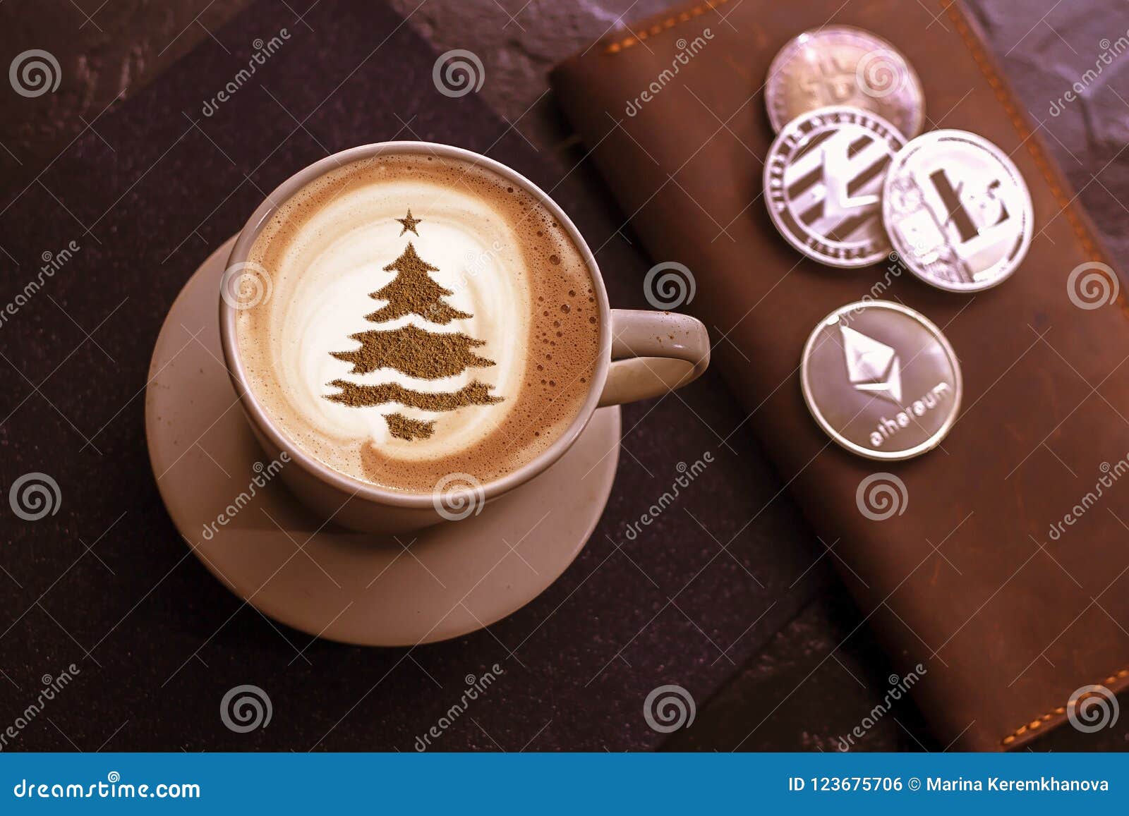 Coffee Cup with Christmas Tree Stock Photo - Image of wood, closeup ...