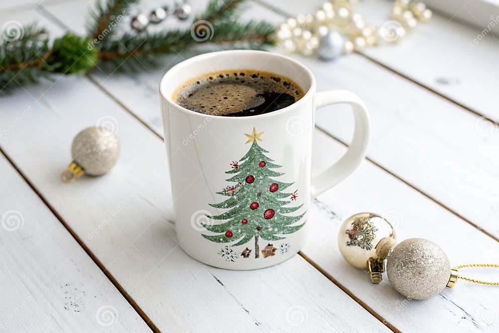 Coffee Cup with Christmas Tree on White Wood Table Stock Illustration ...