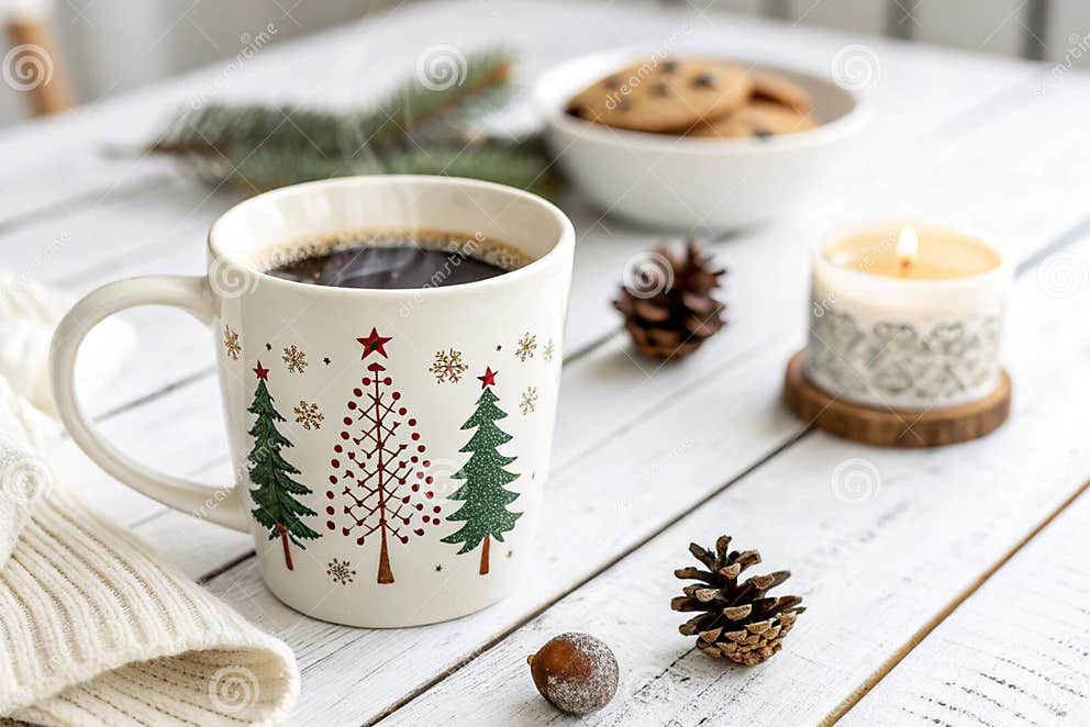 Coffee Cup with Christmas Tree on White Wood Table Stock Illustration ...