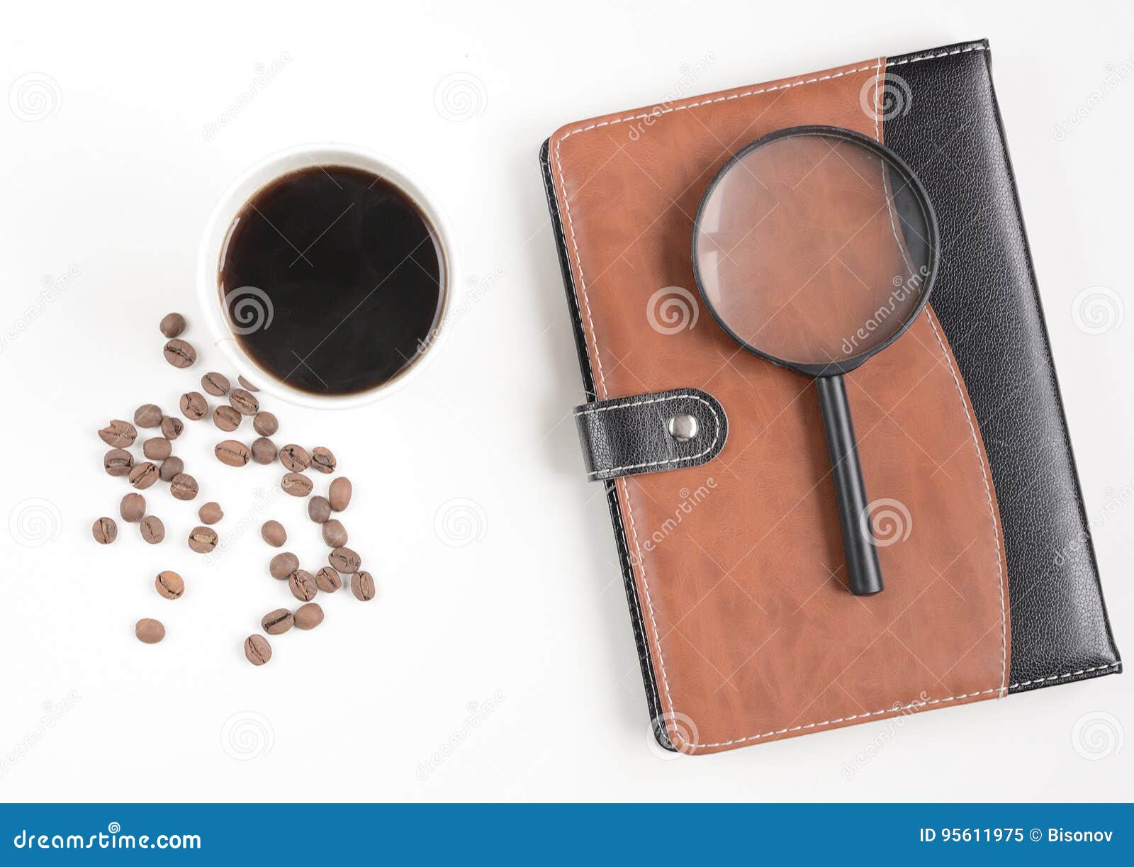 Coffee Cup and Coffee Beans with Notebook and Magnifying Glass N White ...