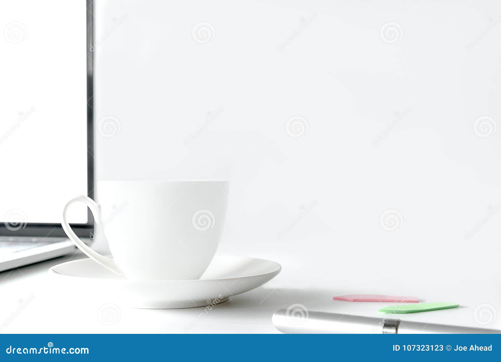Coffee Cup and Computer Desktop on White Office Desk Table with Stock ...