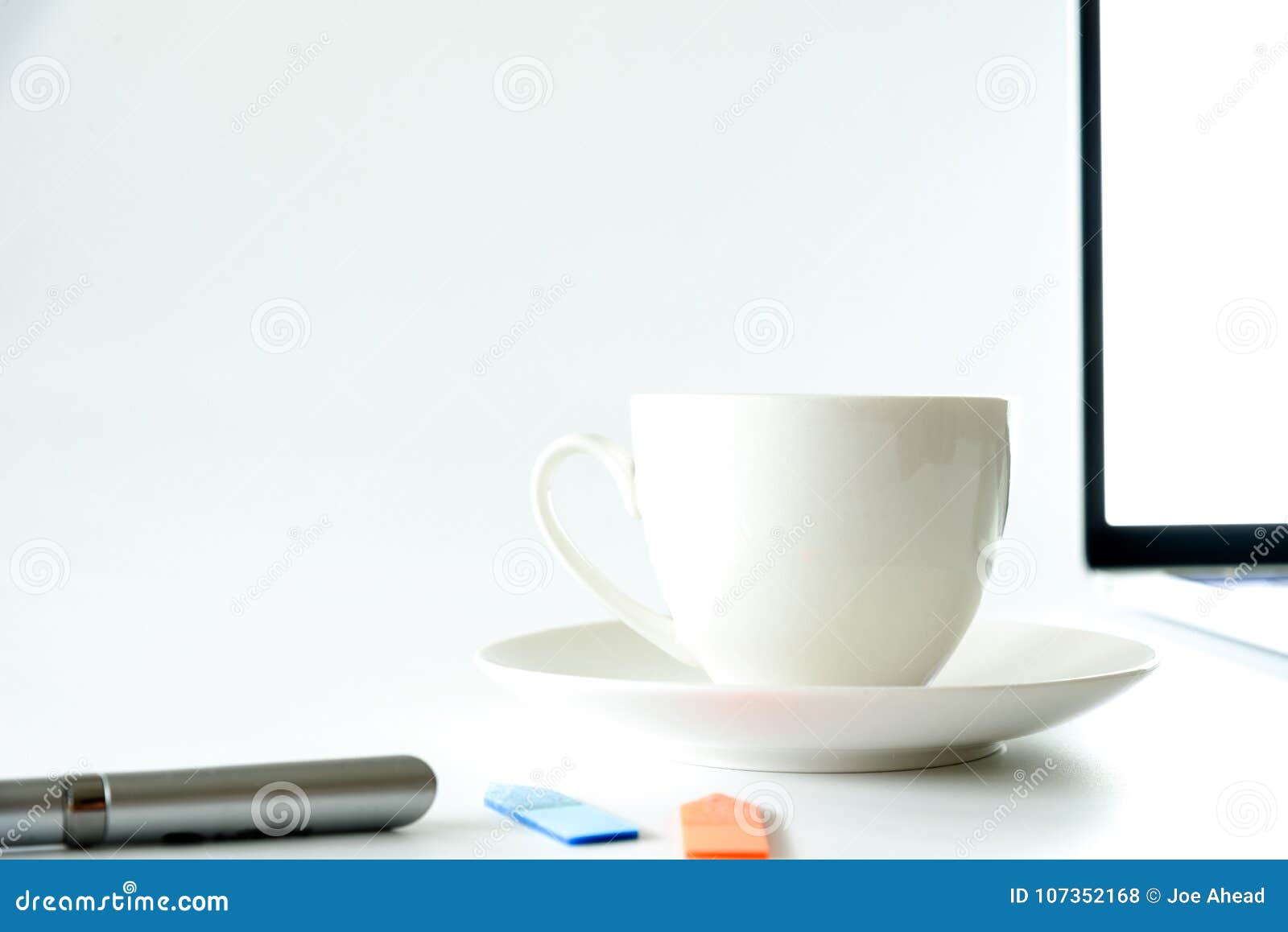 Coffee Cup and Computer Desktop on White Office Desk Table with Stock ...