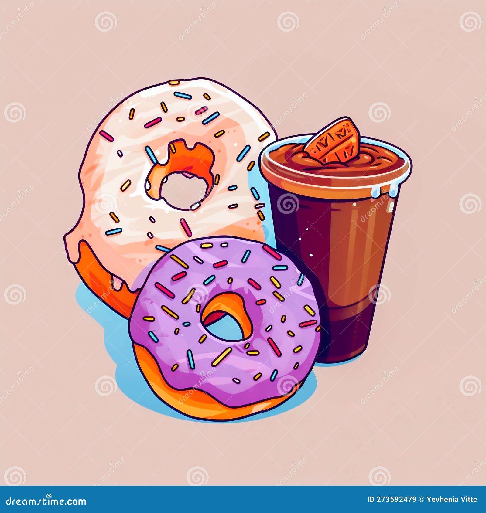 Coffee Cup with Donat Isolated on Solid Background, Cartoon Style ...