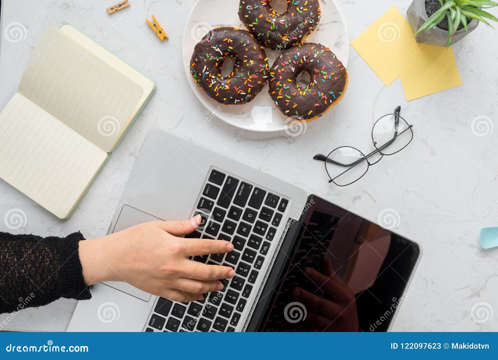 Coffee Cup with Donut and Computer Stock Image - Image of wooden, food ...