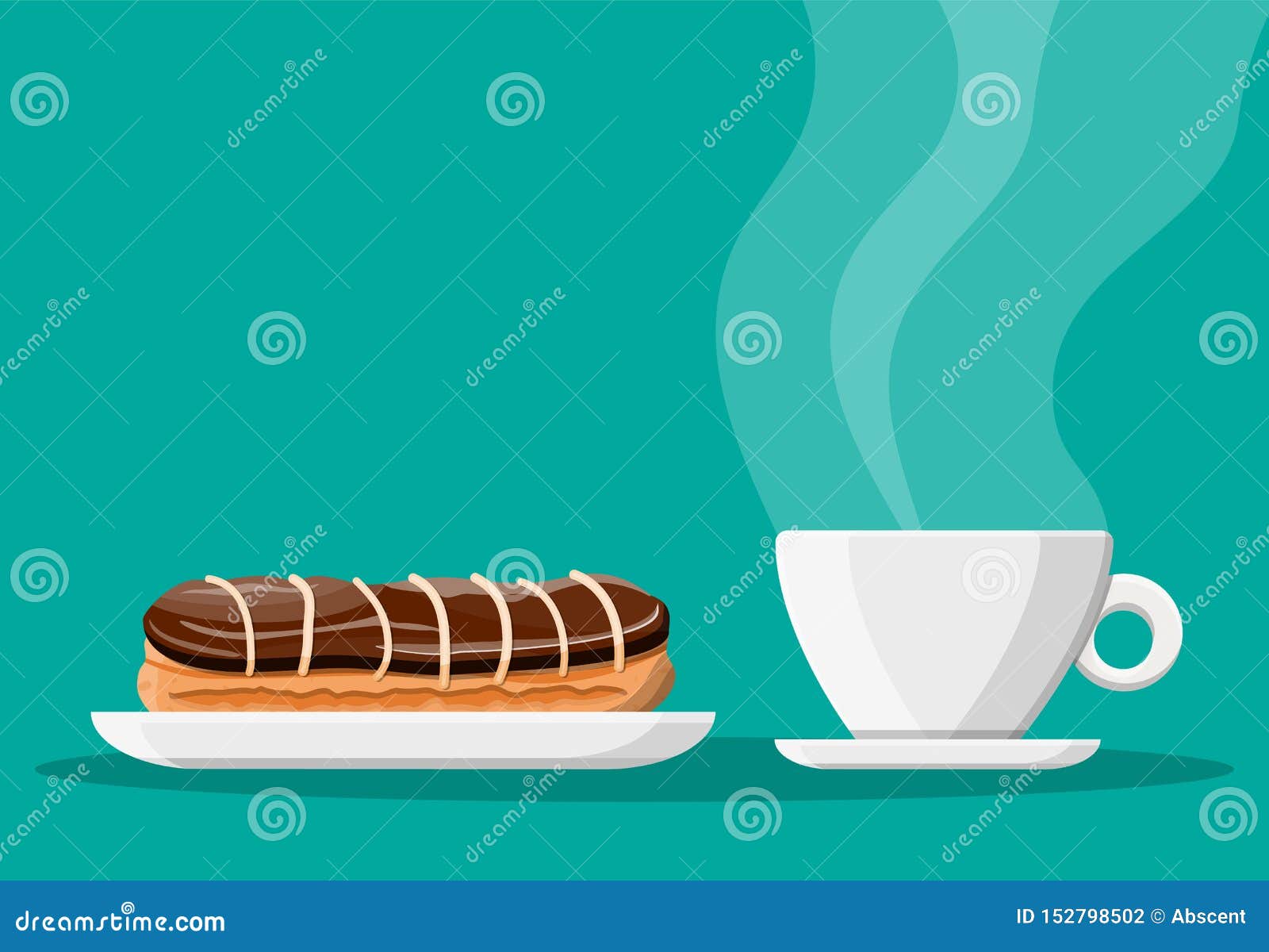 Coffee cup and eclair cake stock vector. Illustration of bread - 152798502