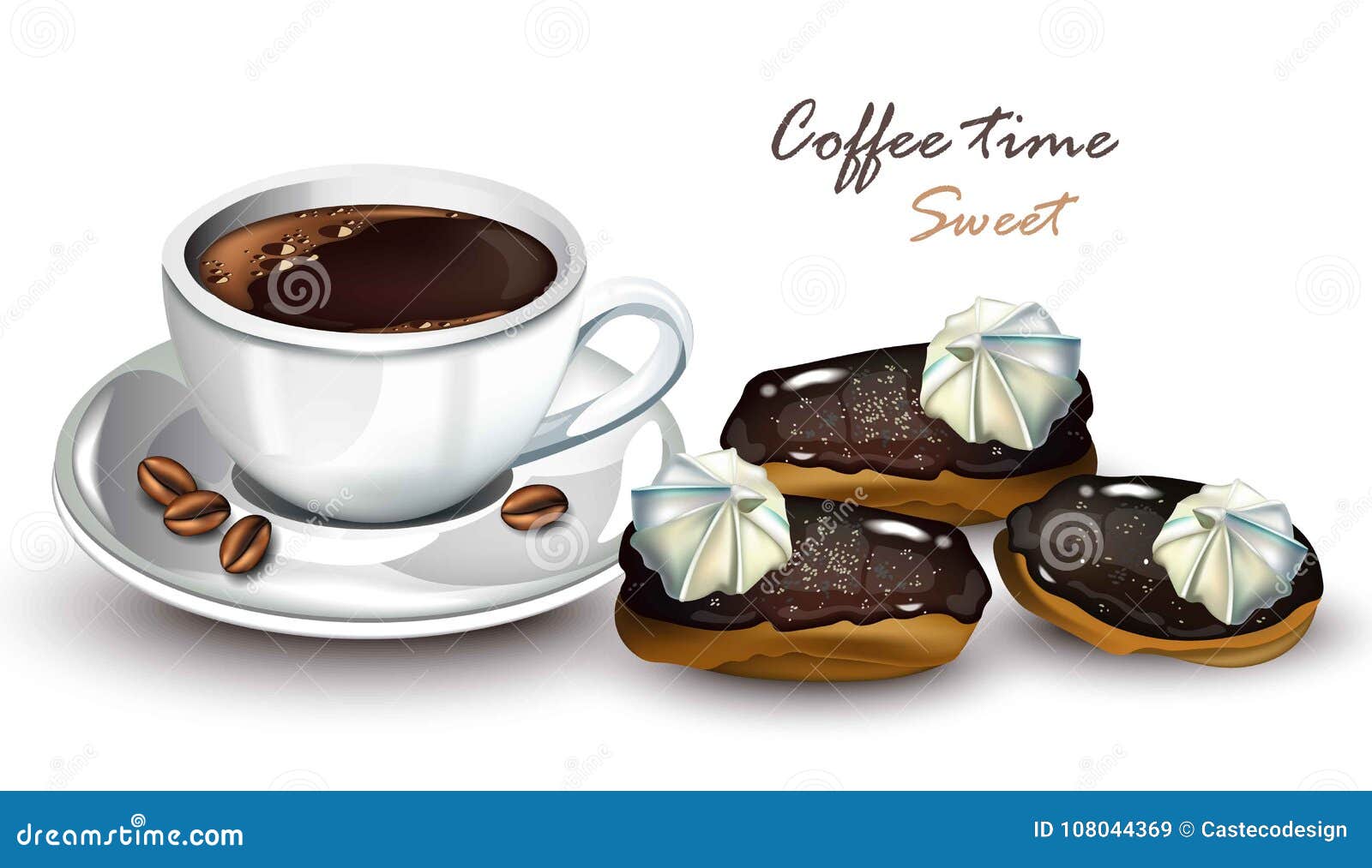 Coffee Cup with Eclair Dessert Vector Stock Illustration - Illustration ...