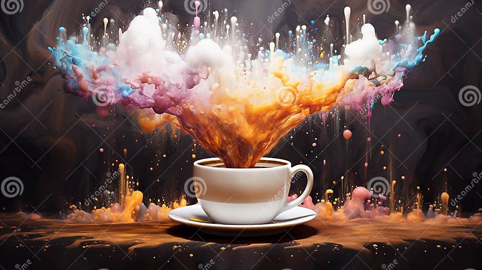A Coffee Cup Exploding into a Vibrant Cloud of Colors, a Joyful Sensory ...