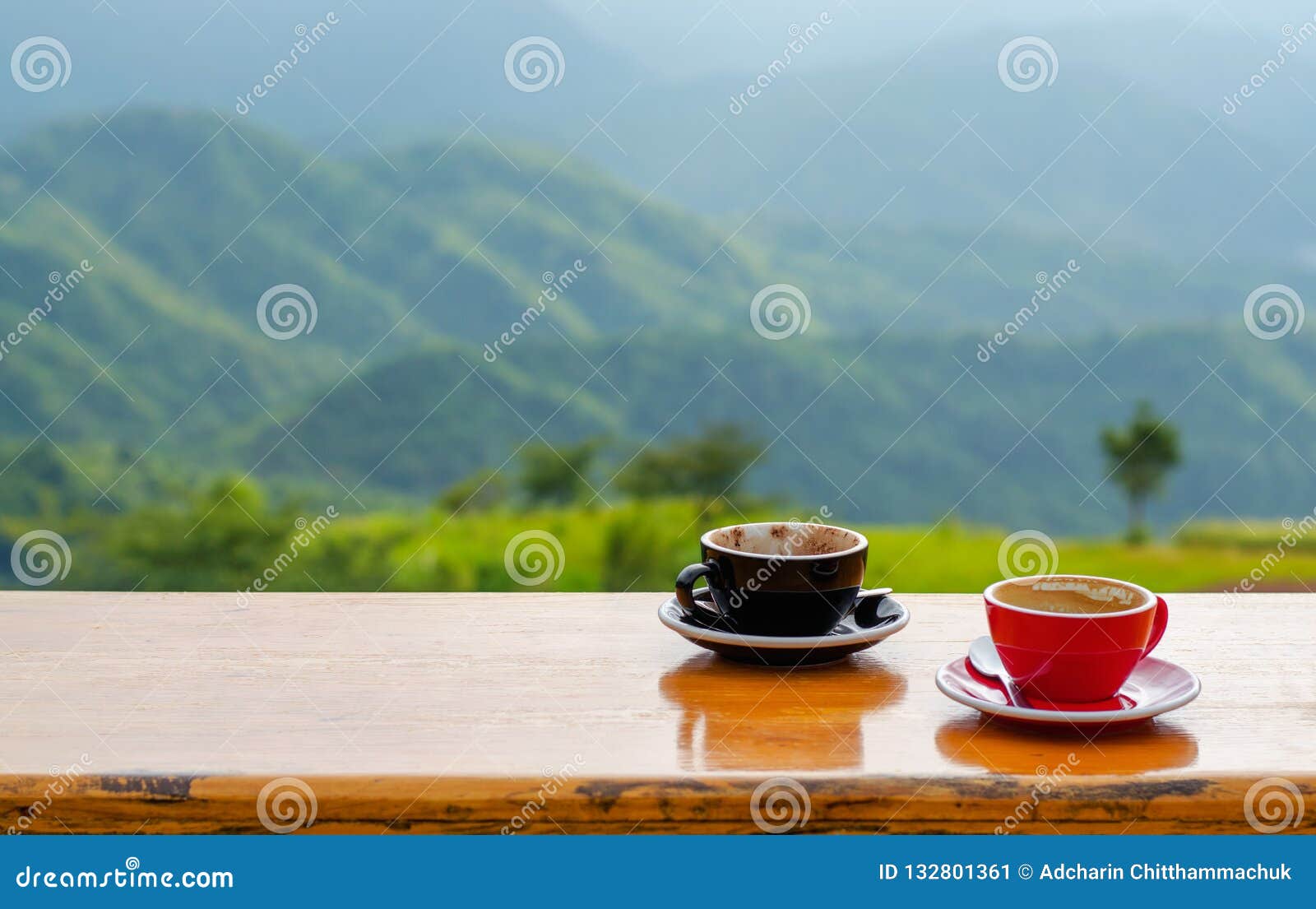 Coffee Cup and Hot Chocolate Cup on the Balcony, Wood Table Over Stock ...