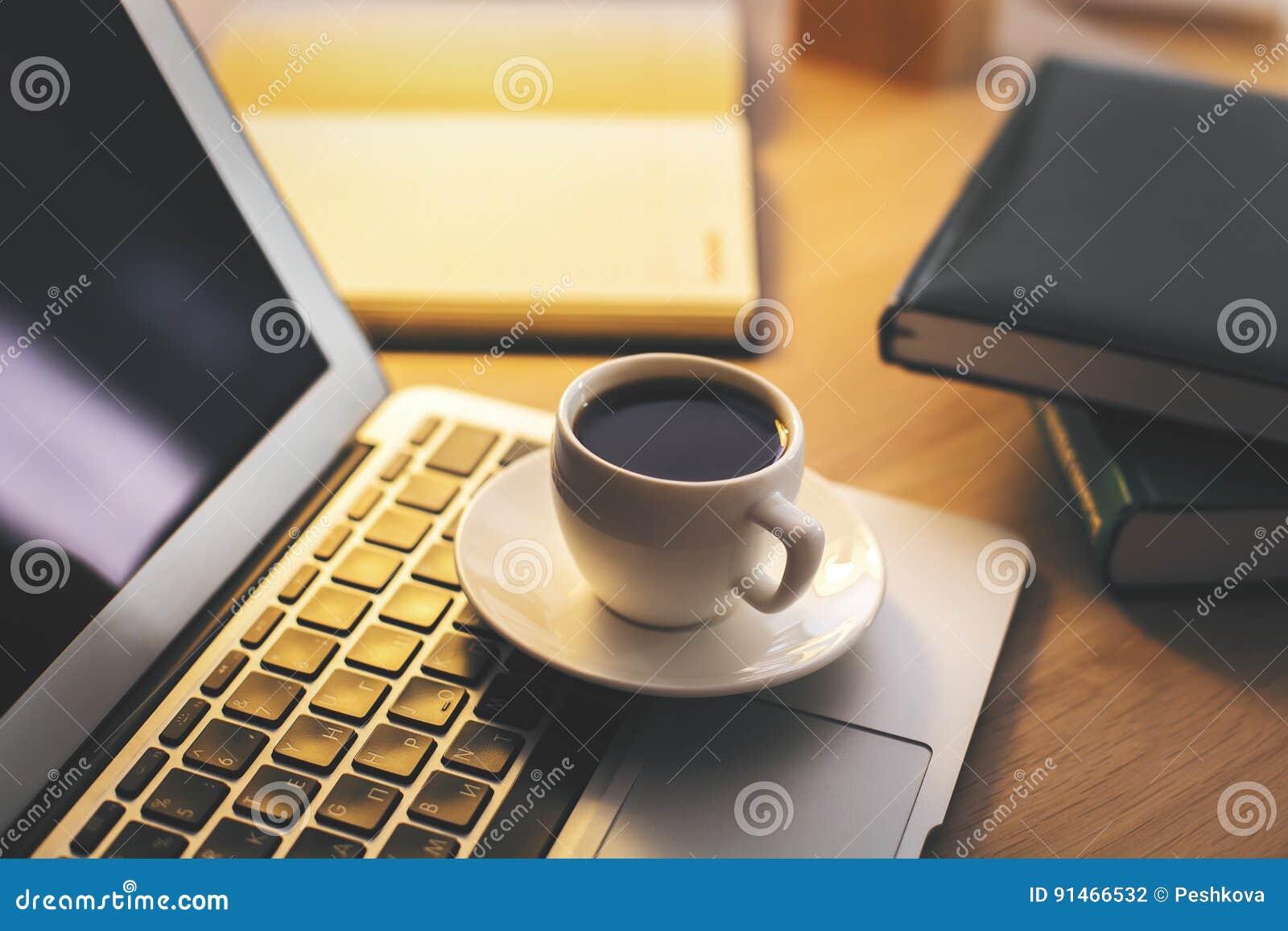 Coffee Cup on Laptop Keyboard Stock Photo - Image of light, late: 91466532