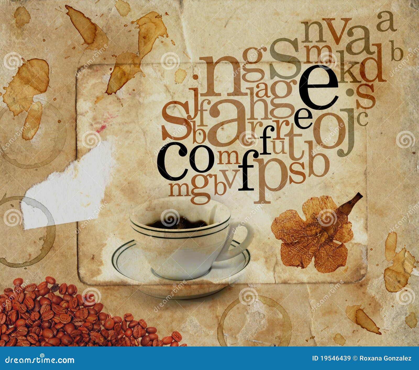 Coffee Cup with Letters Over Stained Sepia Paper Stock Illustration ...