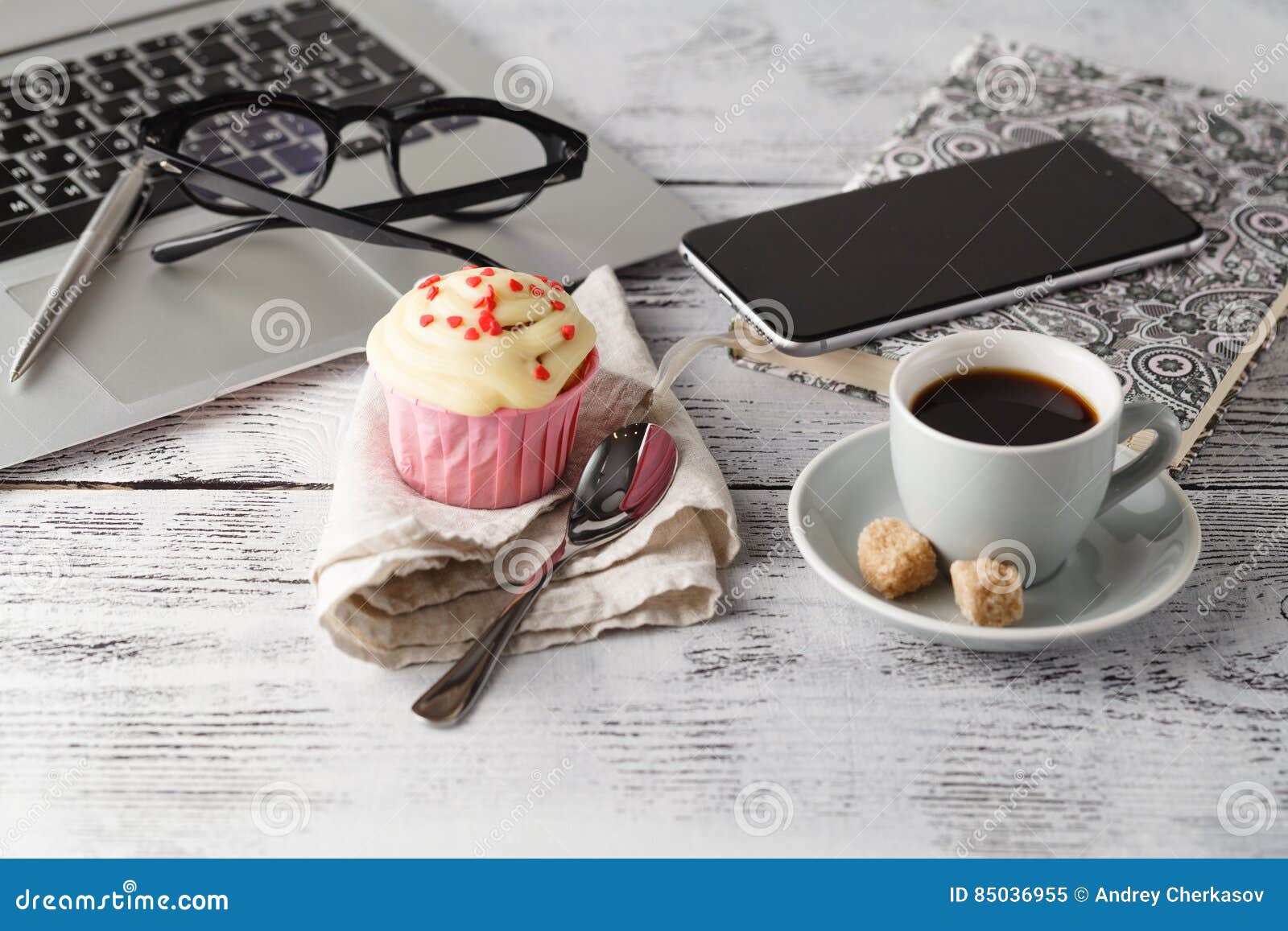 Coffee Cup and Muffin on Table with Computer Stock Image - Image of ...