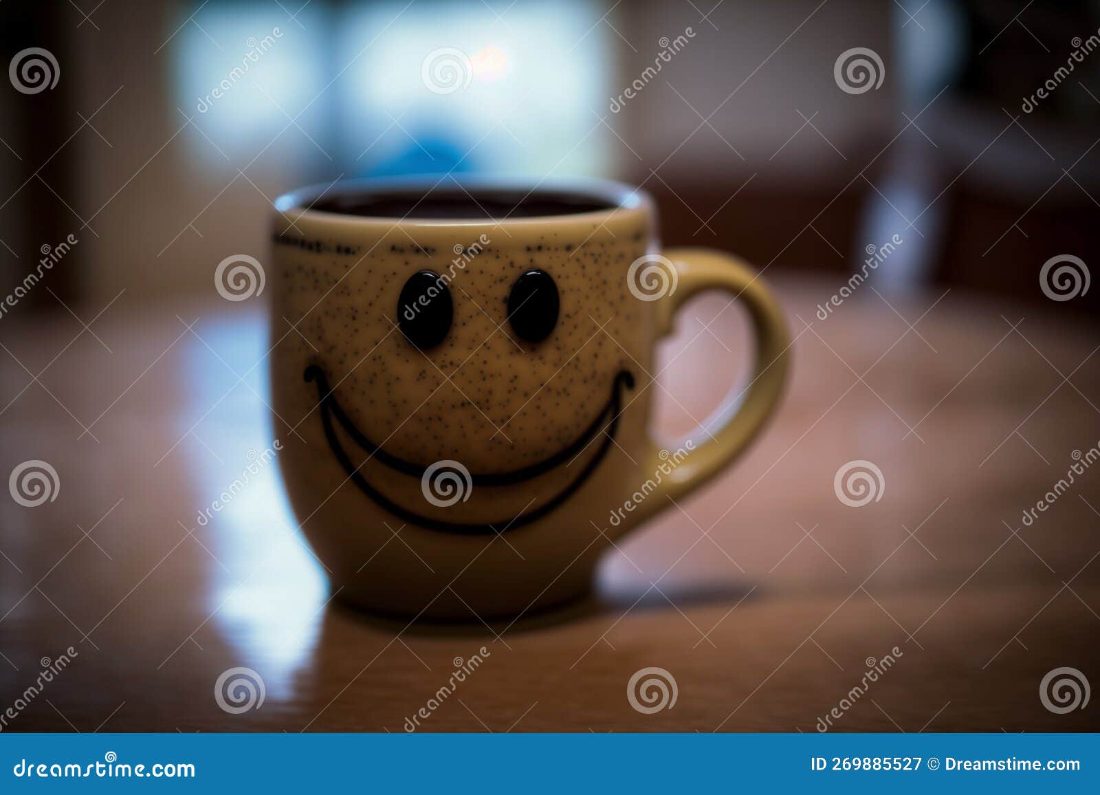 Coffee Cup or Mug with Smiley Happy Face Sitting on a Table. Ai ...