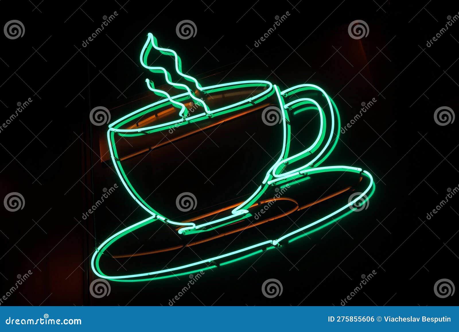 Coffee Cup Neon Sign in Cafe. Stock Illustration - Illustration of cafe ...