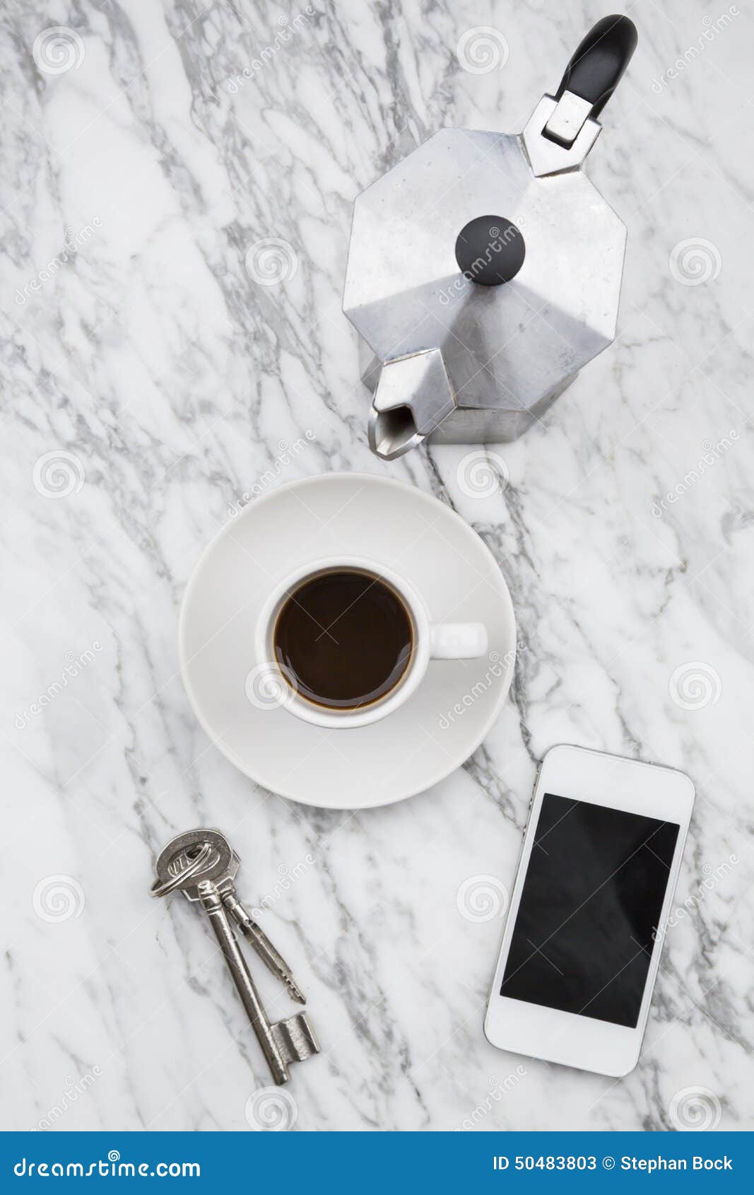 Coffee Cup, Smartphone, Key and Coffee Maker Stock Image - Image of ...