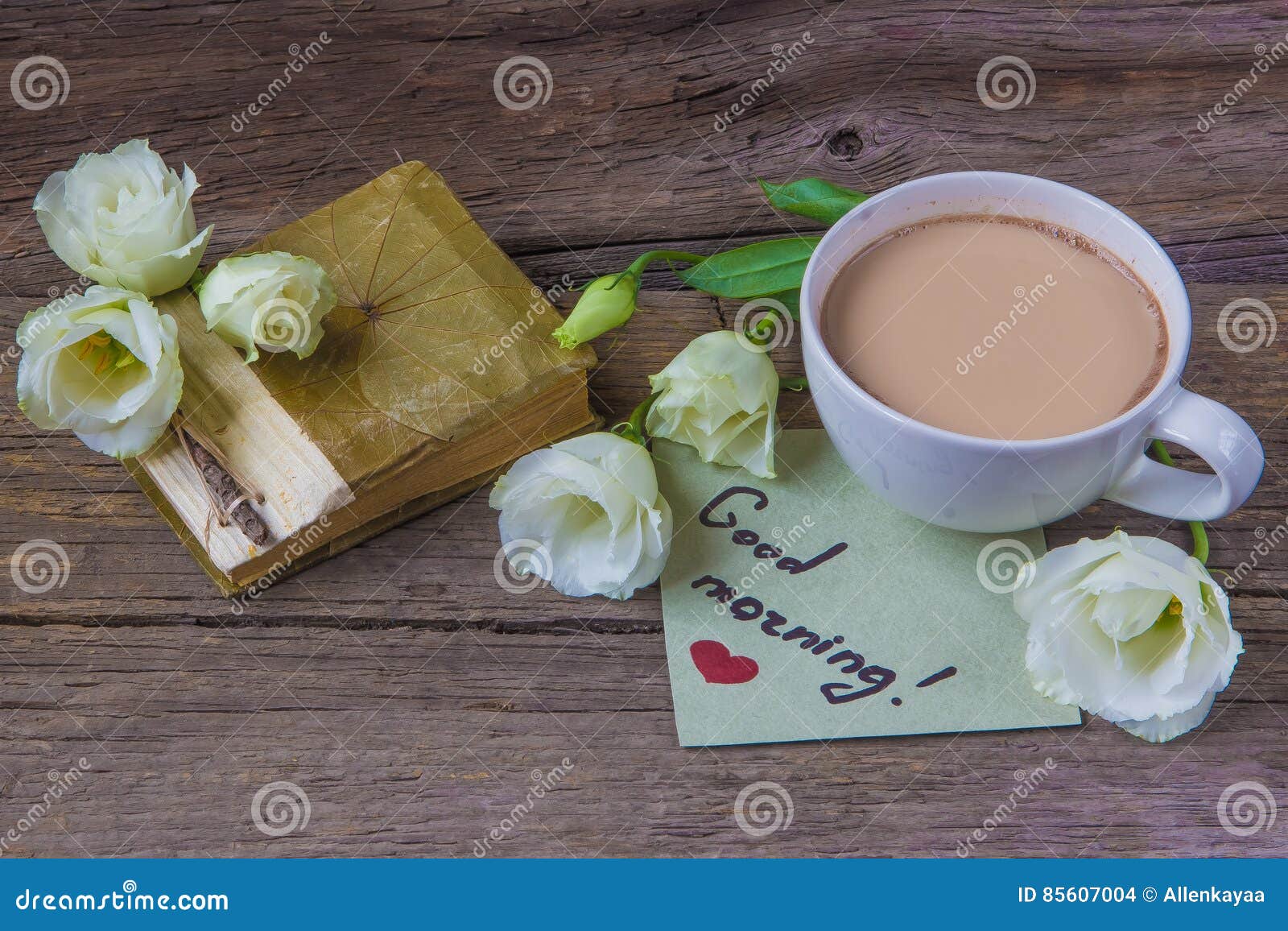 Coffee Cup with Spring Flower Lisianthus and Notes Good Morning Stock ...