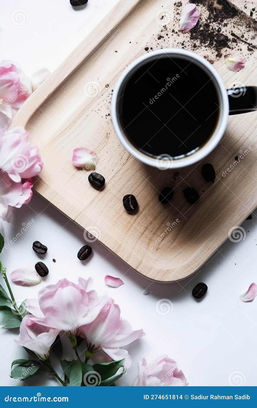 Coffee Cup and Spring Flowers on White Background, Top View, Flat Lay ...