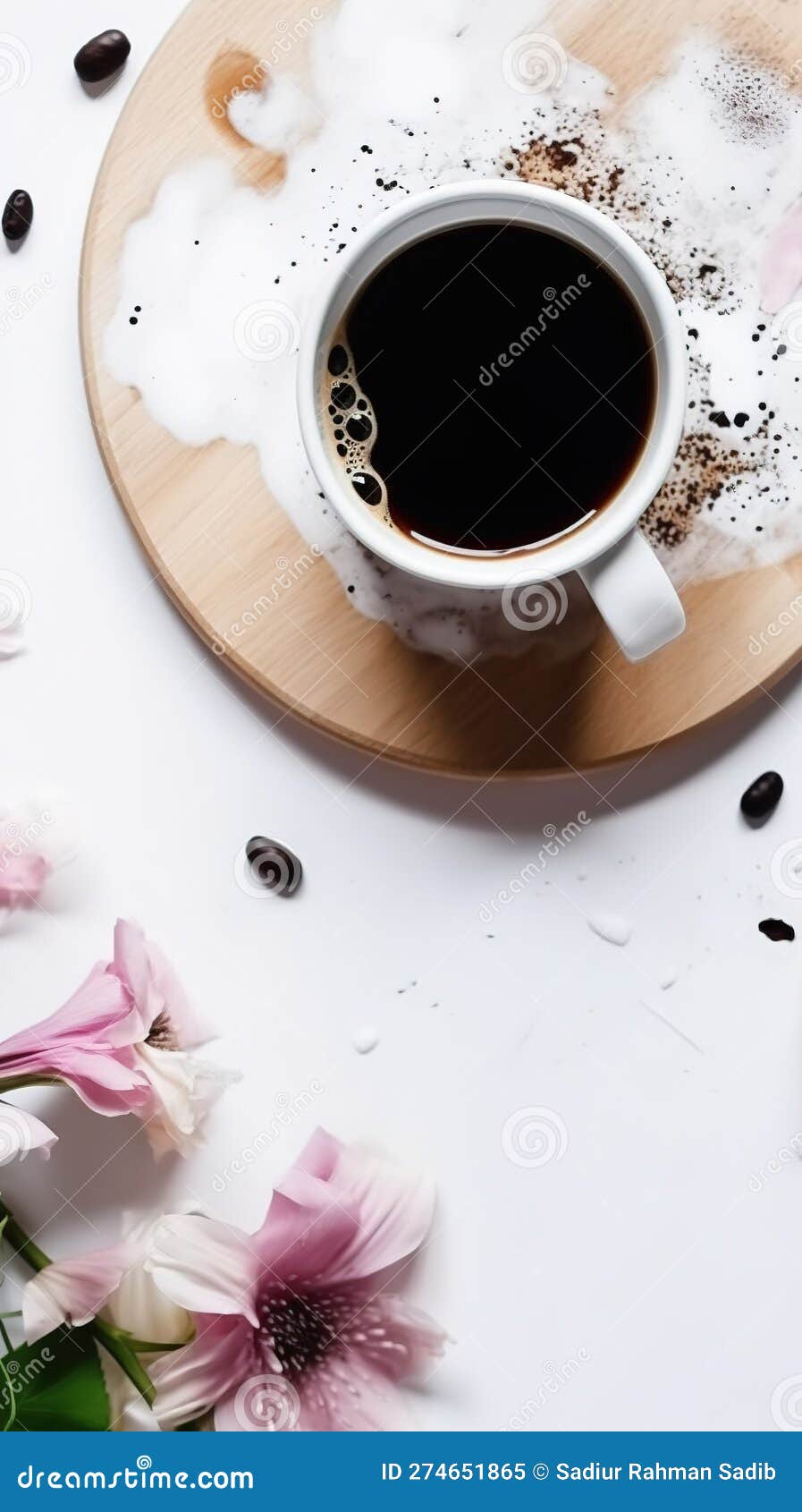 Coffee Cup and Spring Flowers on White Background, Top View, Flat Lay ...