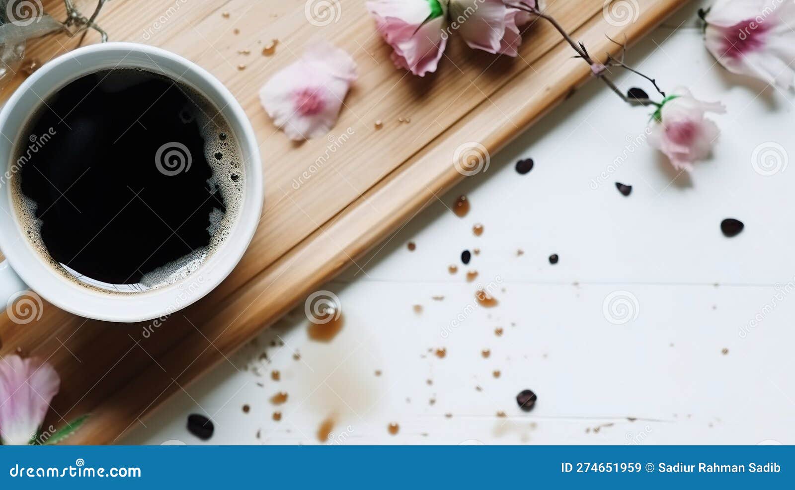 Coffee Cup and Spring Flowers on White Background, Top View, Flat Lay ...