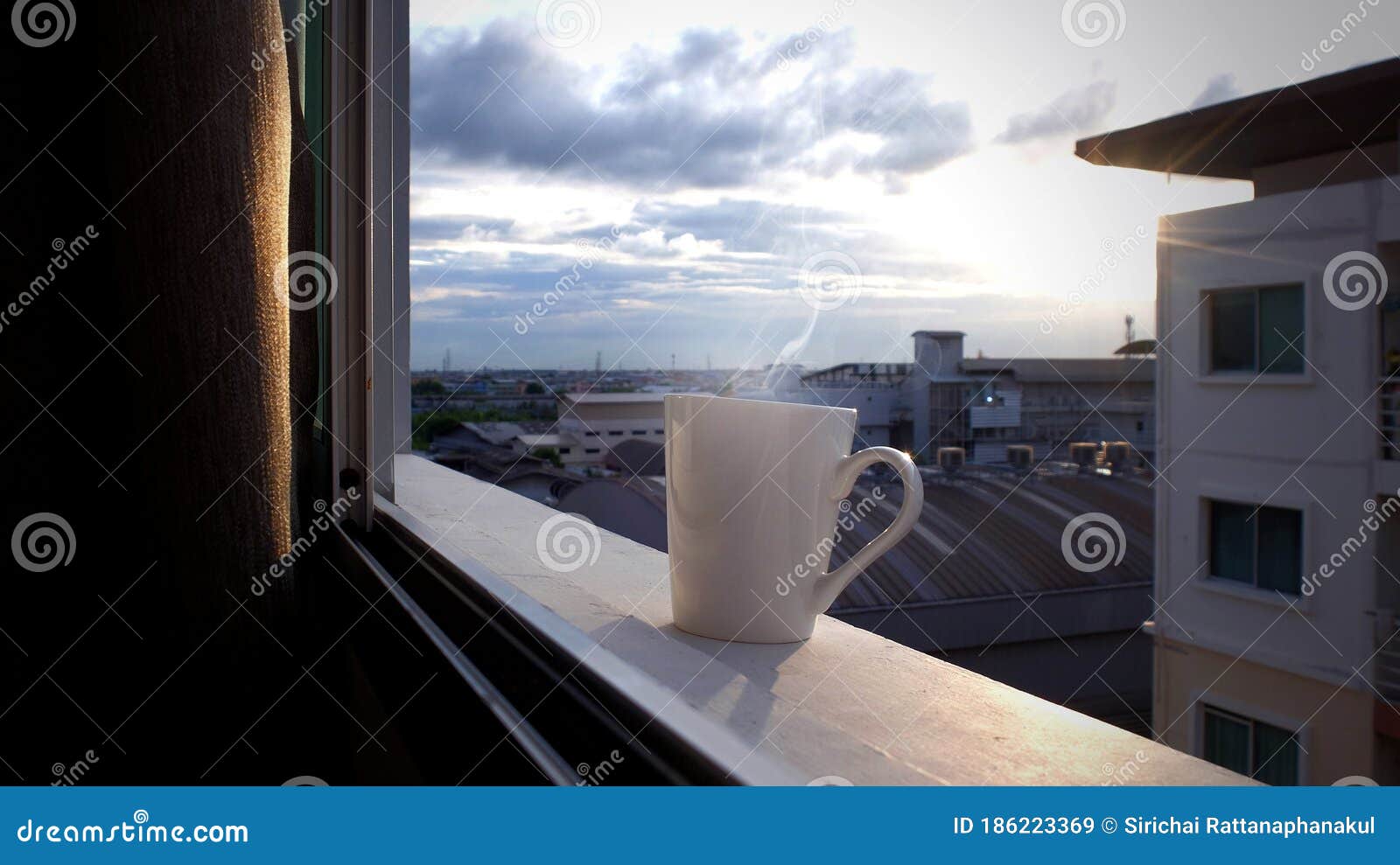 Coffee Cup on Window with Sunset Background, Coffee Cup Stock Image ...