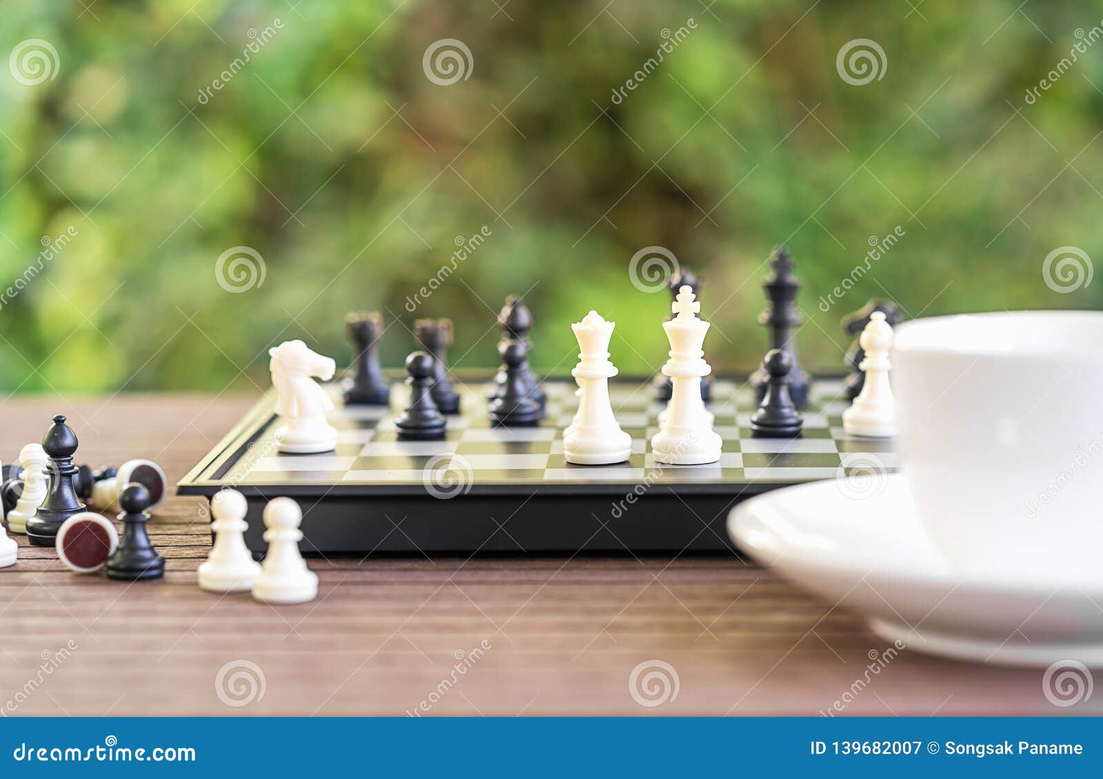 Coffee Cup on Wood Table with Chess Board Stock Image - Image of ...