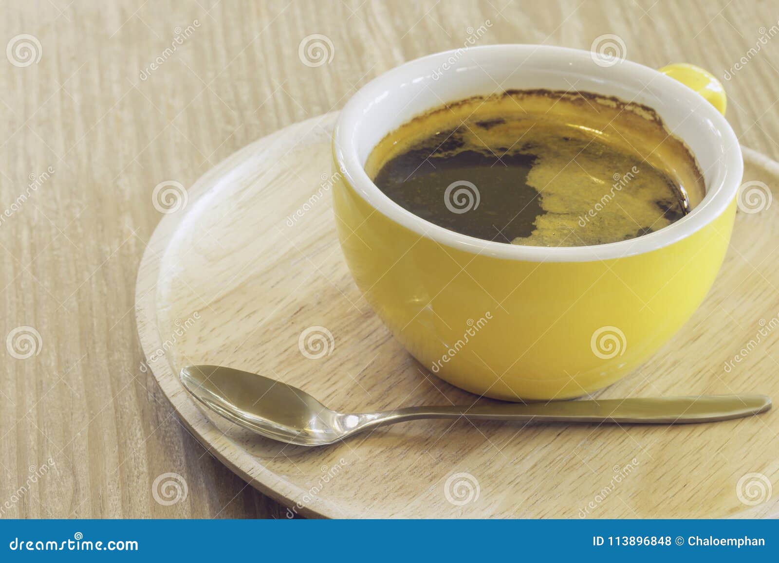 Coffee cup on wood table. stock photo. Image of closeup - 113896848