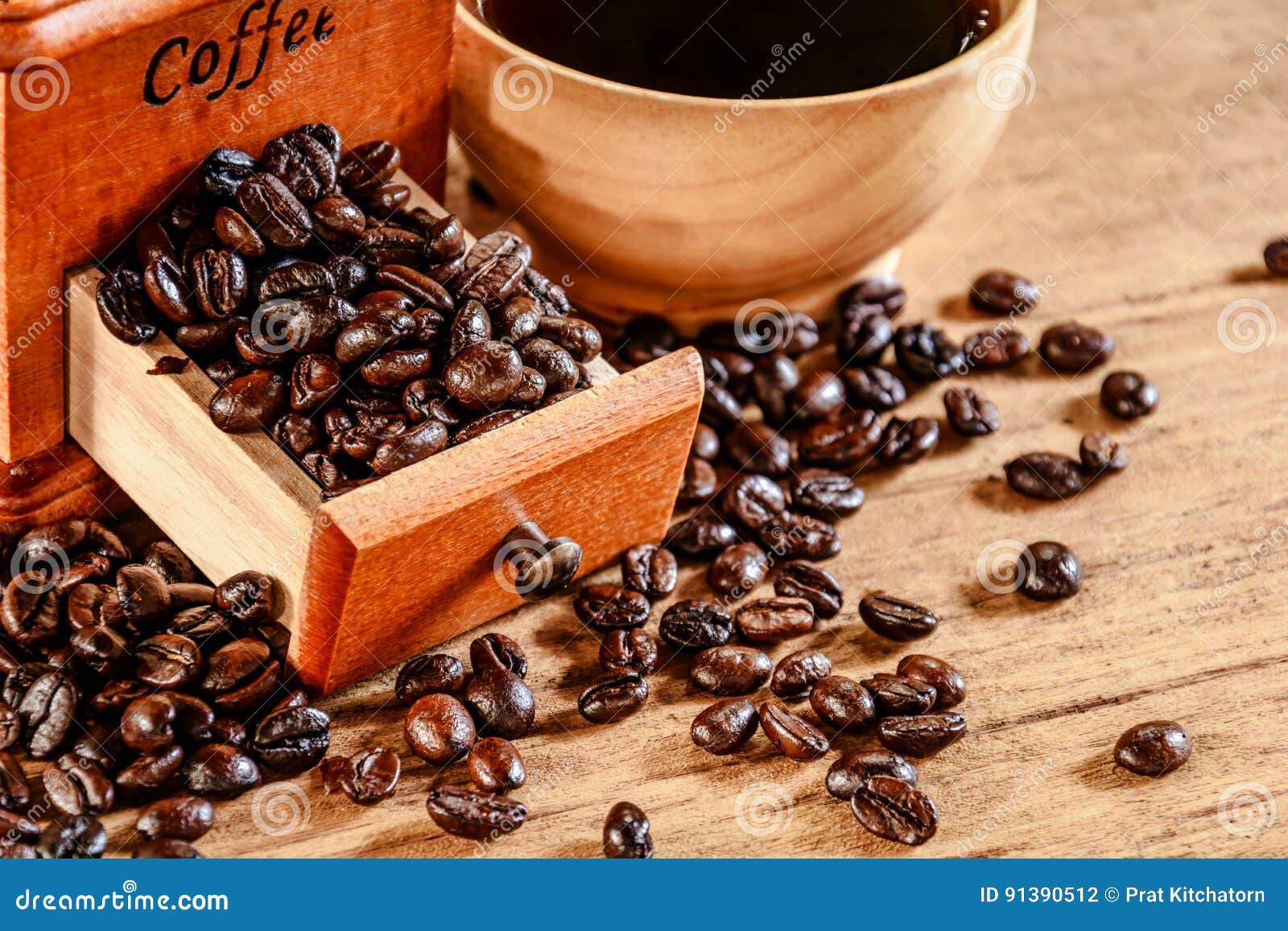 Coffee cup on wood table stock photo. Image of caffeine - 91390512