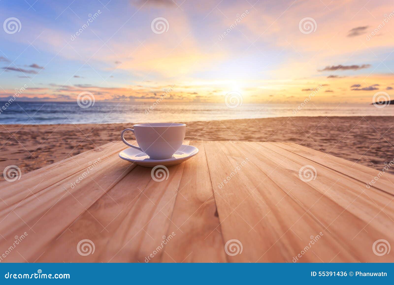 Coffee Cup on Wood Table at Sunset or Sunrise Beach Stock Photo - Image ...