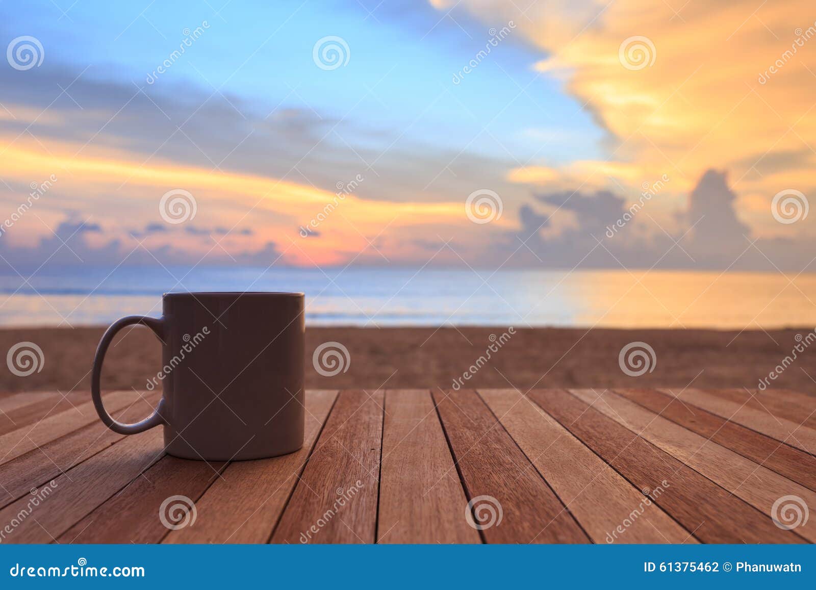 Coffee Cup on Wood Table at Sunset or Sunrise Beach Stock Photo - Image ...