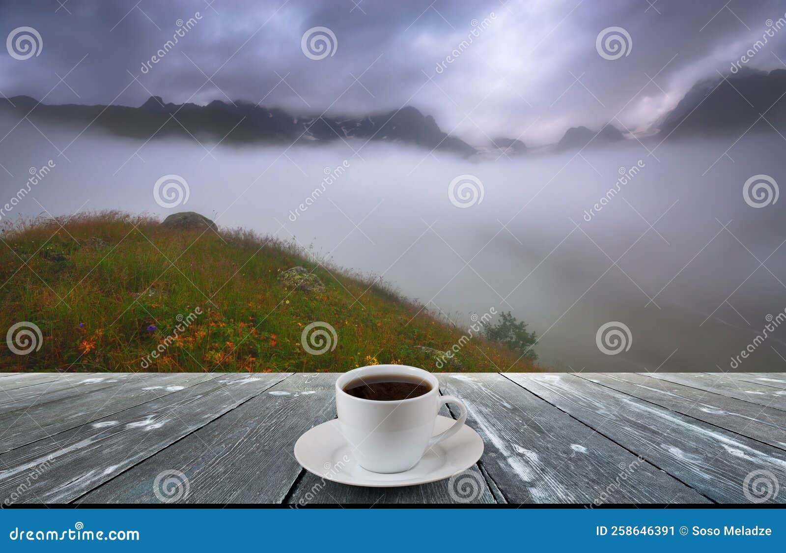 Coffee Cup on Wood Table and View of Beautiful Nature Background Stock ...