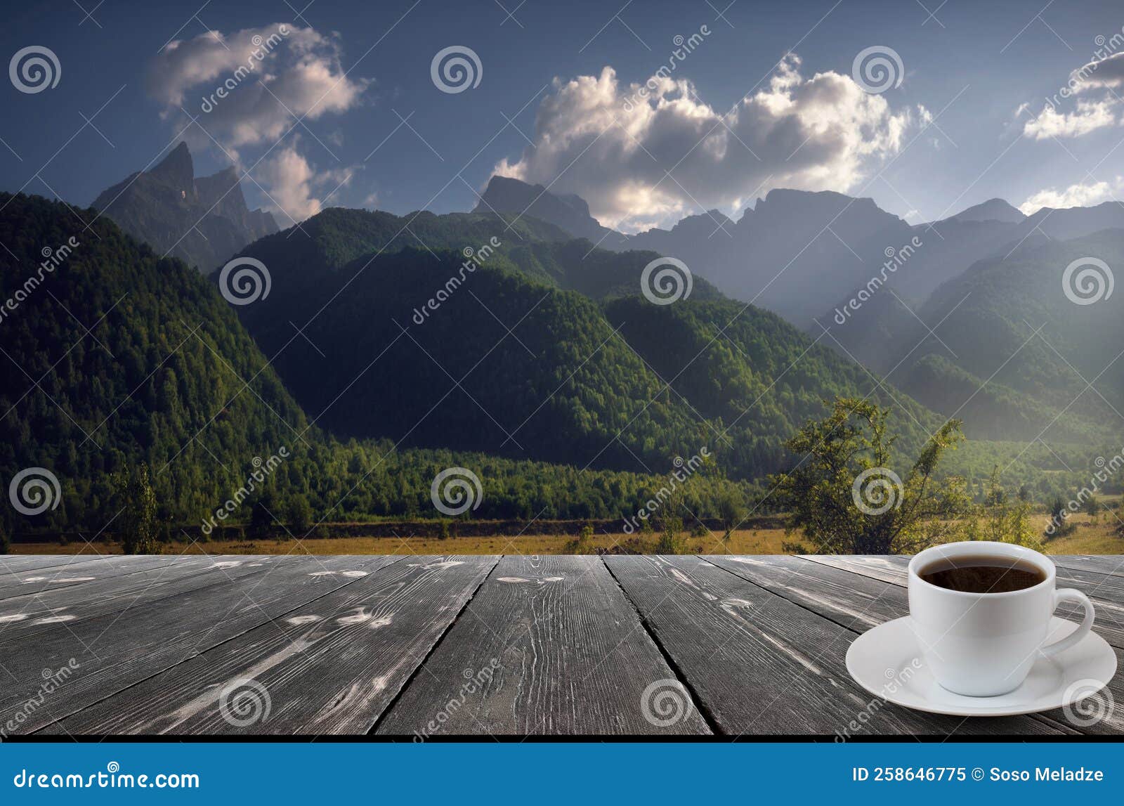 Coffee Cup on Wood Table and View of Beautiful Nature Background Stock ...