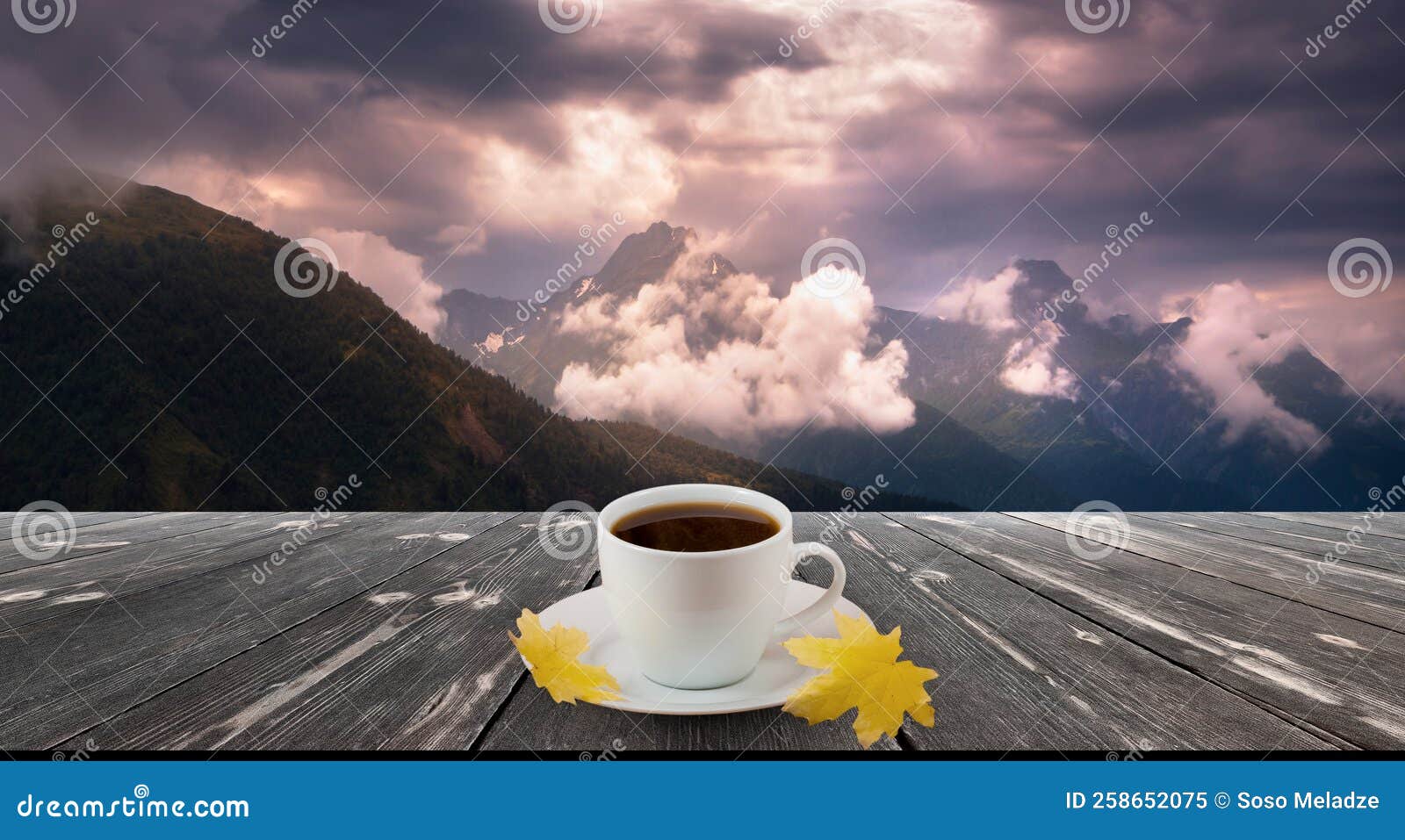 Coffee Cup on Wood Table and View of Beautiful Nature Background Stock ...